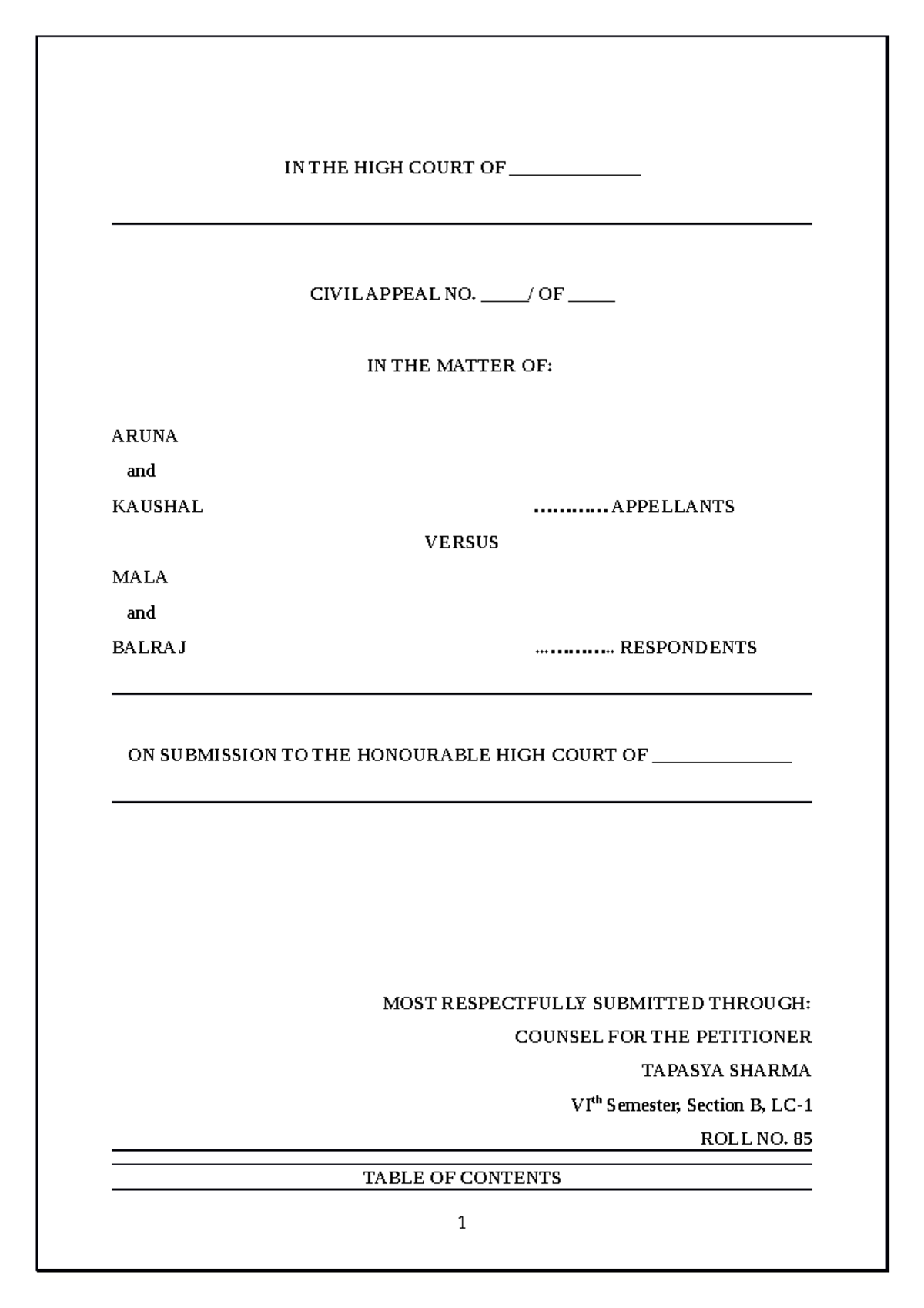 432348667-Sample-Memo - IN THE HIGH COURT OF CIVIL APPEAL NO. OF IN THE ...