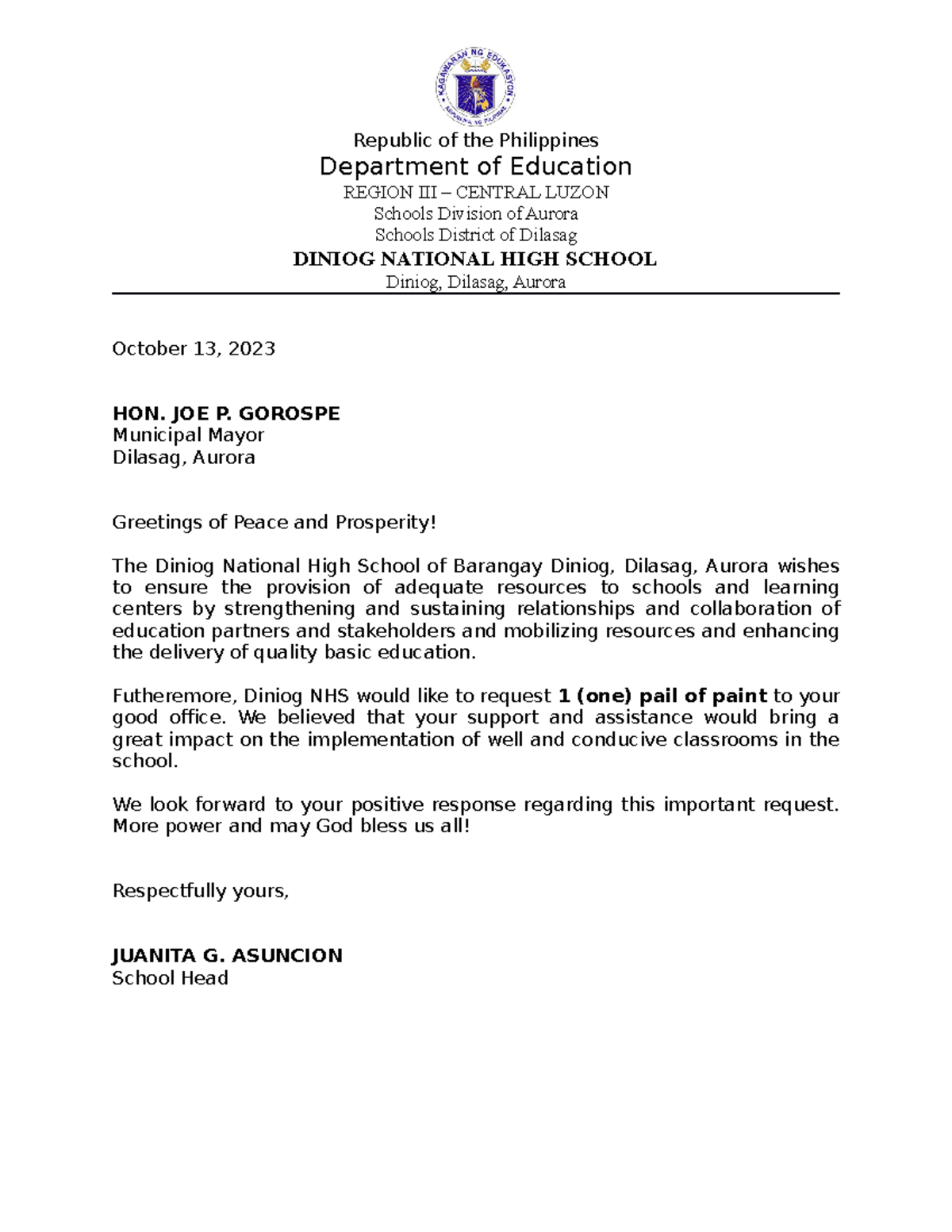 Letter Mayor - Republic of the Philippines Department of Education ...