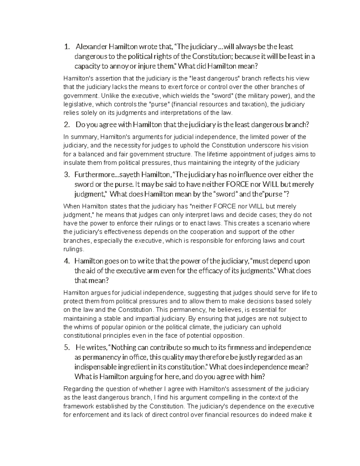 Fed 78 - federalist5 papers - 1. Alexander Hamilton wrote that, “The ...