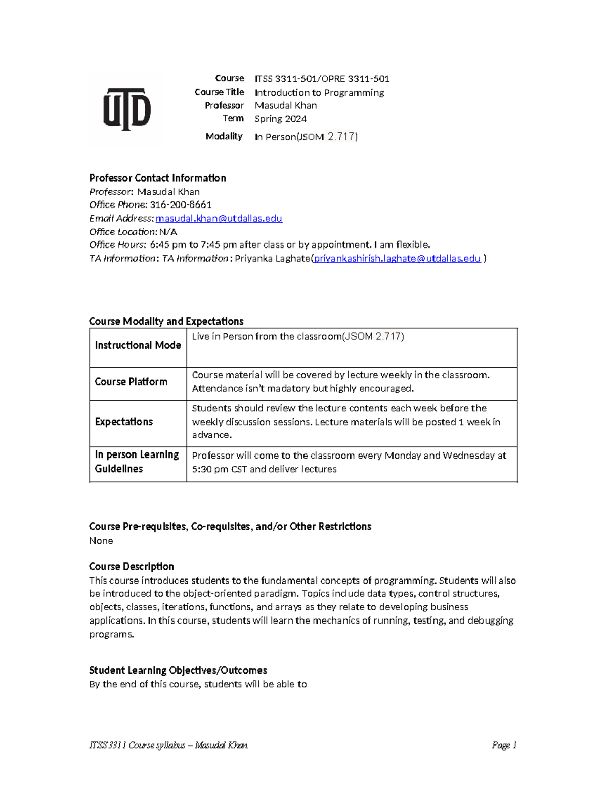 ITSS3311 Syllabus - Spring 2024 - Course ITSS 3311-501/OPRE 3311- Course Title Introduction to ...