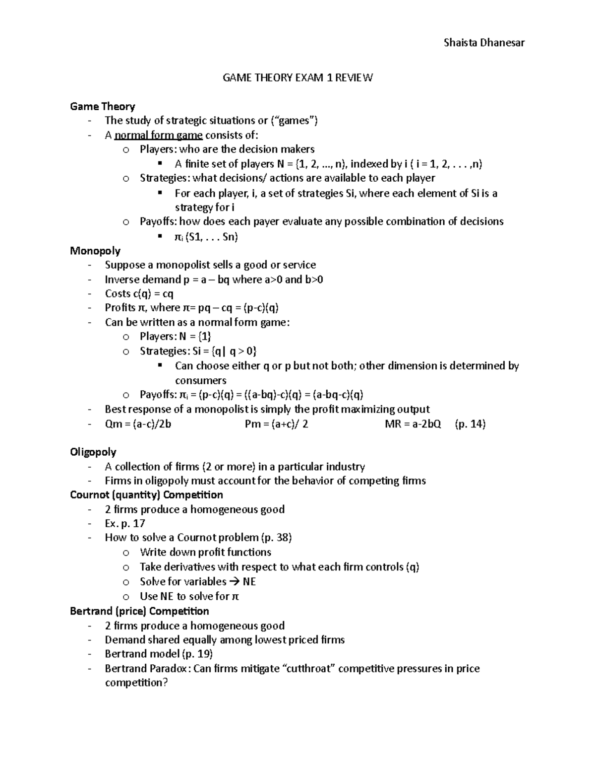 Game Theory Exam 1 Review - Shaista Dhanesar GAME THEORY EXAM 1 REVIEW ...