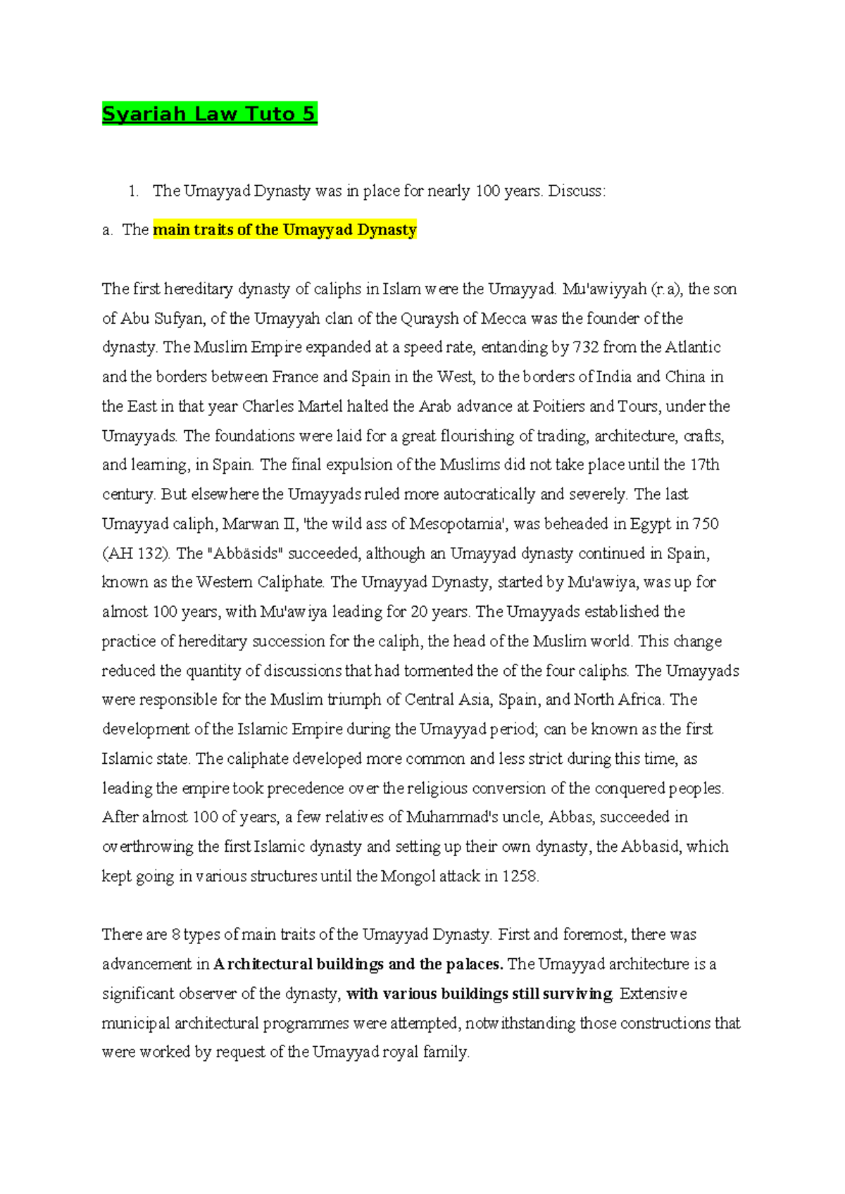 Syariah Law Tuto 5 - GOOD LUCK - Syariah Law Tuto 5 The Umayyad Dynasty ...