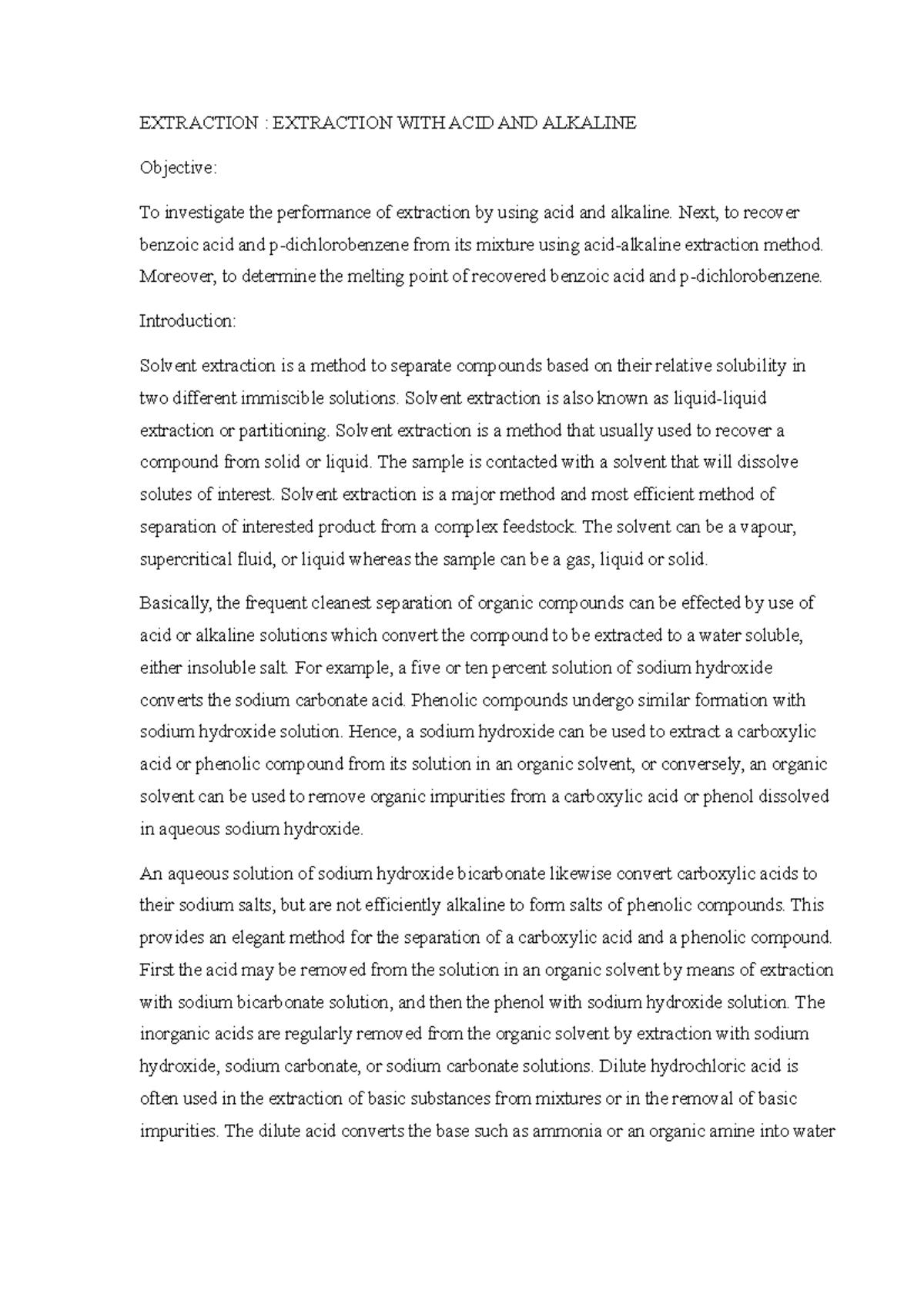 Exp3 - EXTRACTION : EXTRACTION WITH ACID AND ALKALINE Objective: To ...
