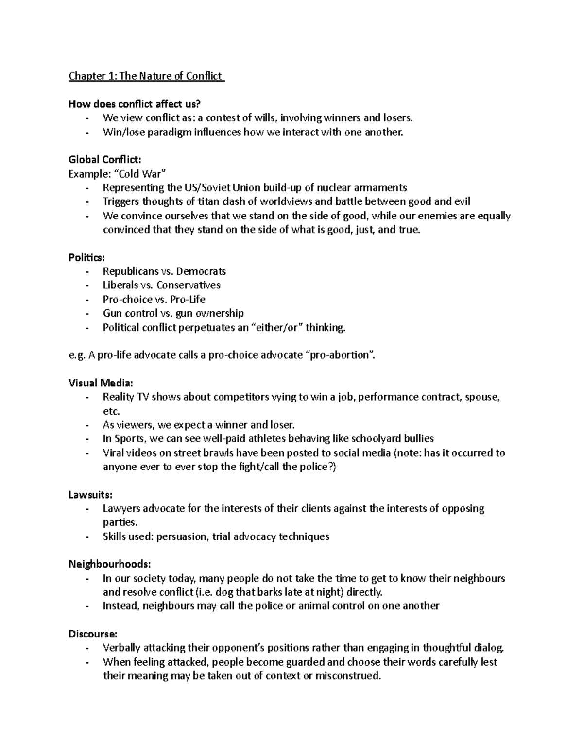 Chapter notes - Chapter 1: The Nature of Conflict How does conflict ...