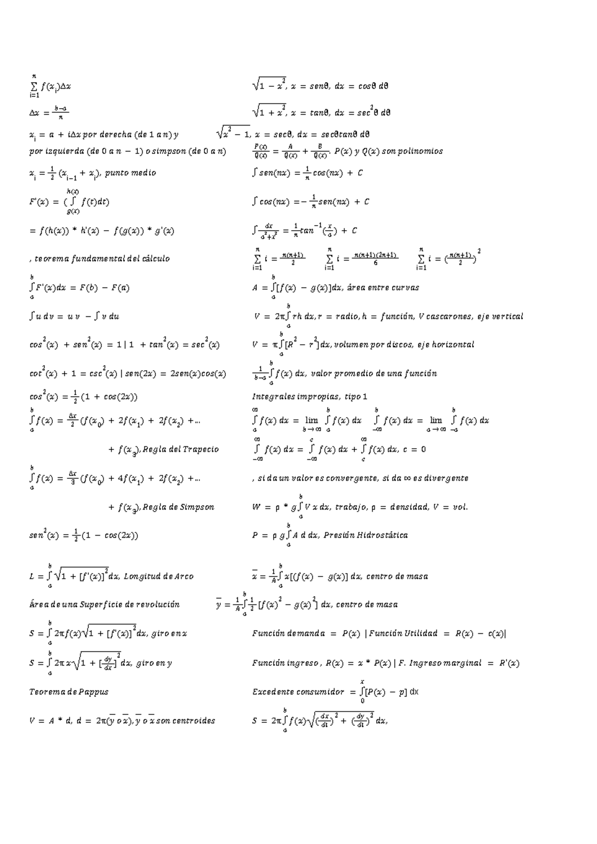 Hoja Formulas CALI - 𝑖= 𝑛 ∑ 𝑓(𝑥𝑖)∆𝑥 1 − 𝑥 2 , 𝑥 = 𝑠𝑒𝑛θ, 𝑑𝑥 = 𝑐𝑜𝑠θ 𝑑θ ∆𝑥 ...