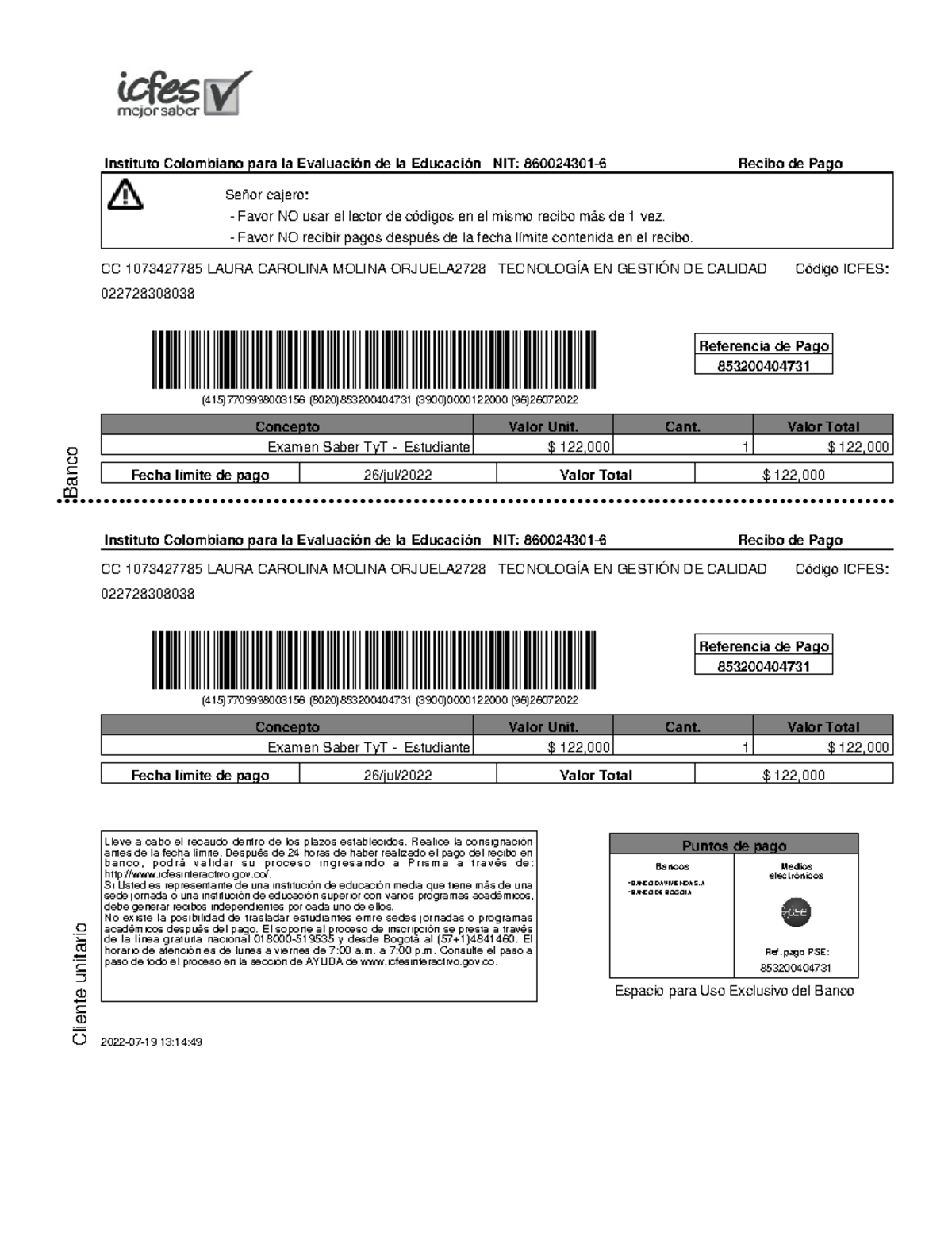 Pago pruebas TYT - work - Banco Instituto Colombiano para la Evaluación ...