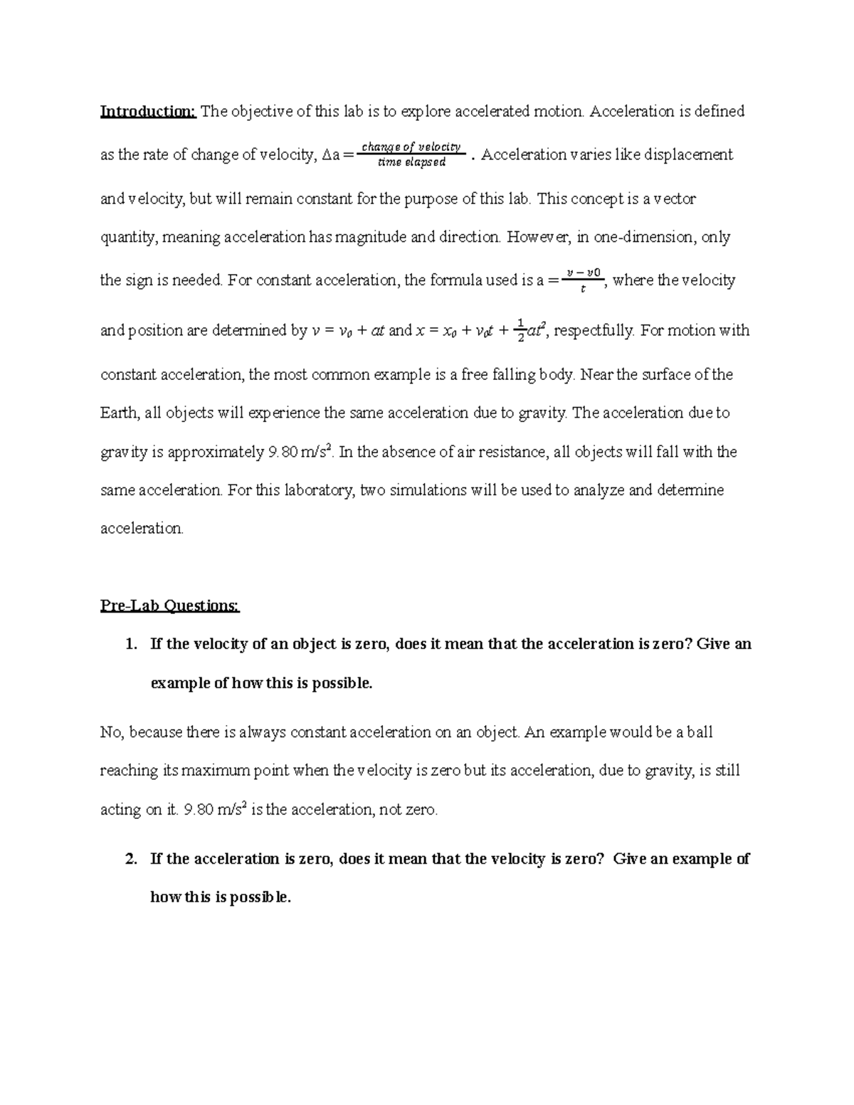Physics Lab Report 2 - Accelerated Motion - Introduction: The objective ...