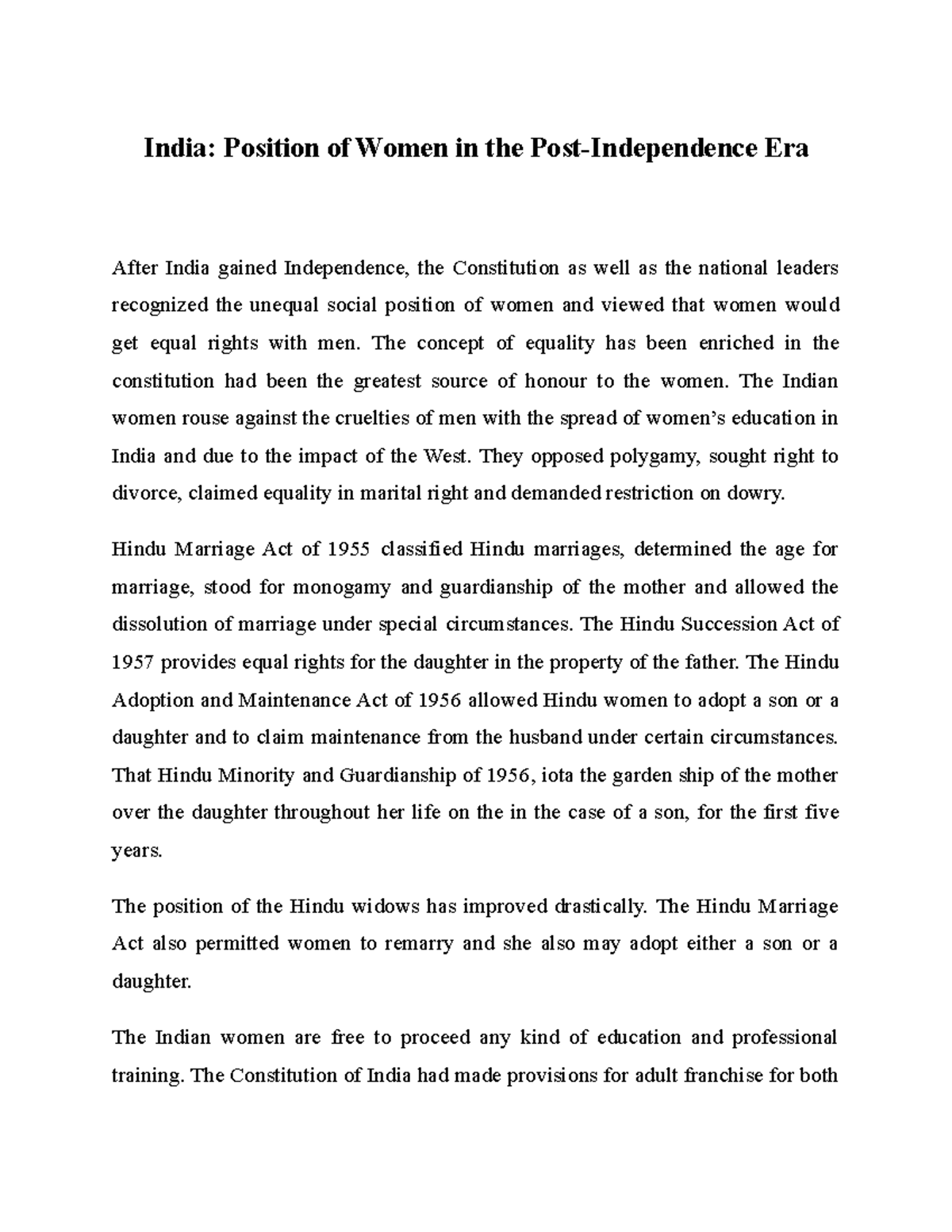 Position of women in the Post-Independence Era - The concept of ...