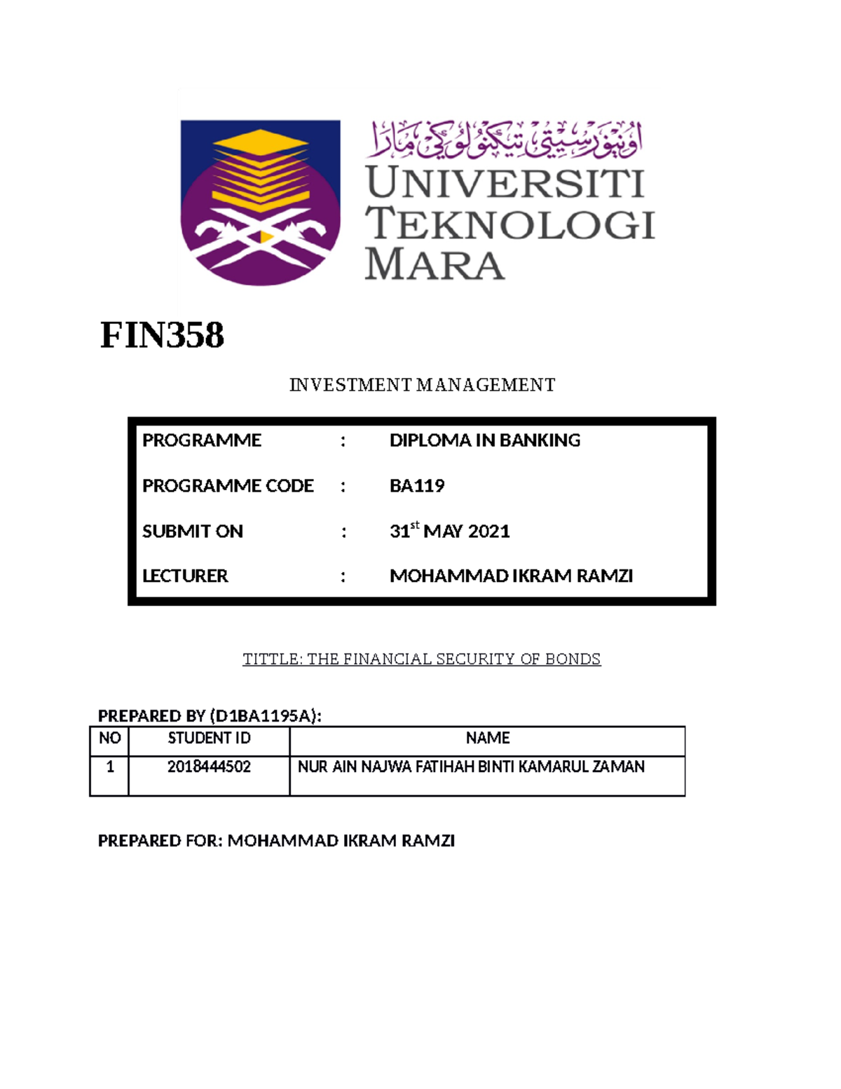 FIN358.docx - thrttttte - FIN INVESTMENT MANAGEMENT TITTLE: THE ...