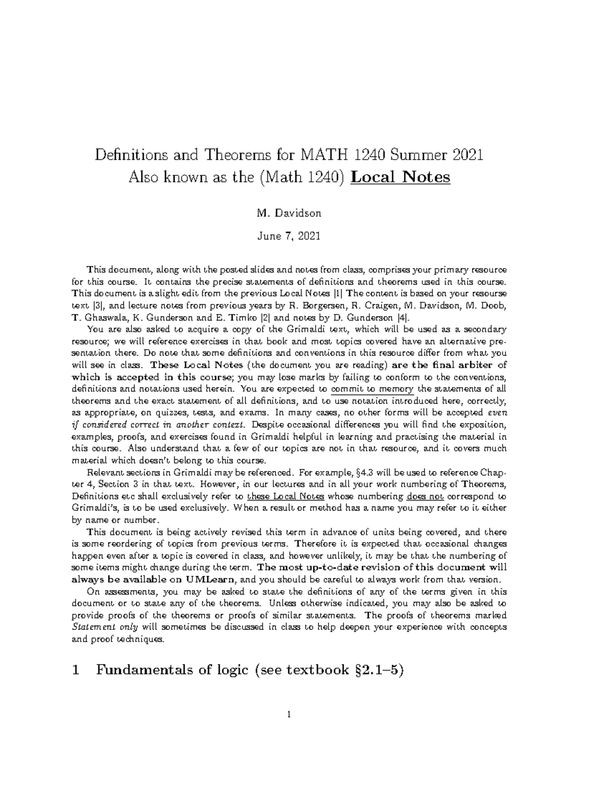 Local Notes Summer 2021(V3) - Definitions and Theorems for MATH 1240 ...