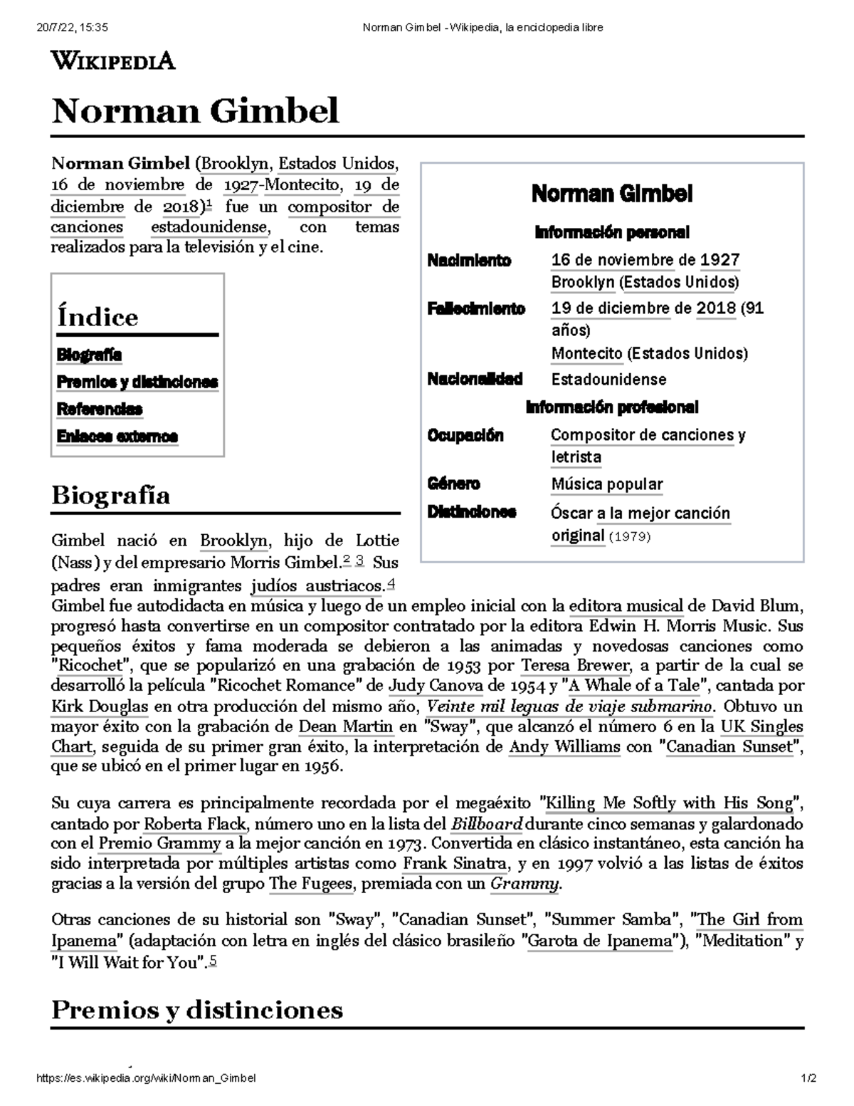 Norman Gimbel - Kelly Chen - 20/7/22, 15:35 Norman Gimbel - Wikipedia ...