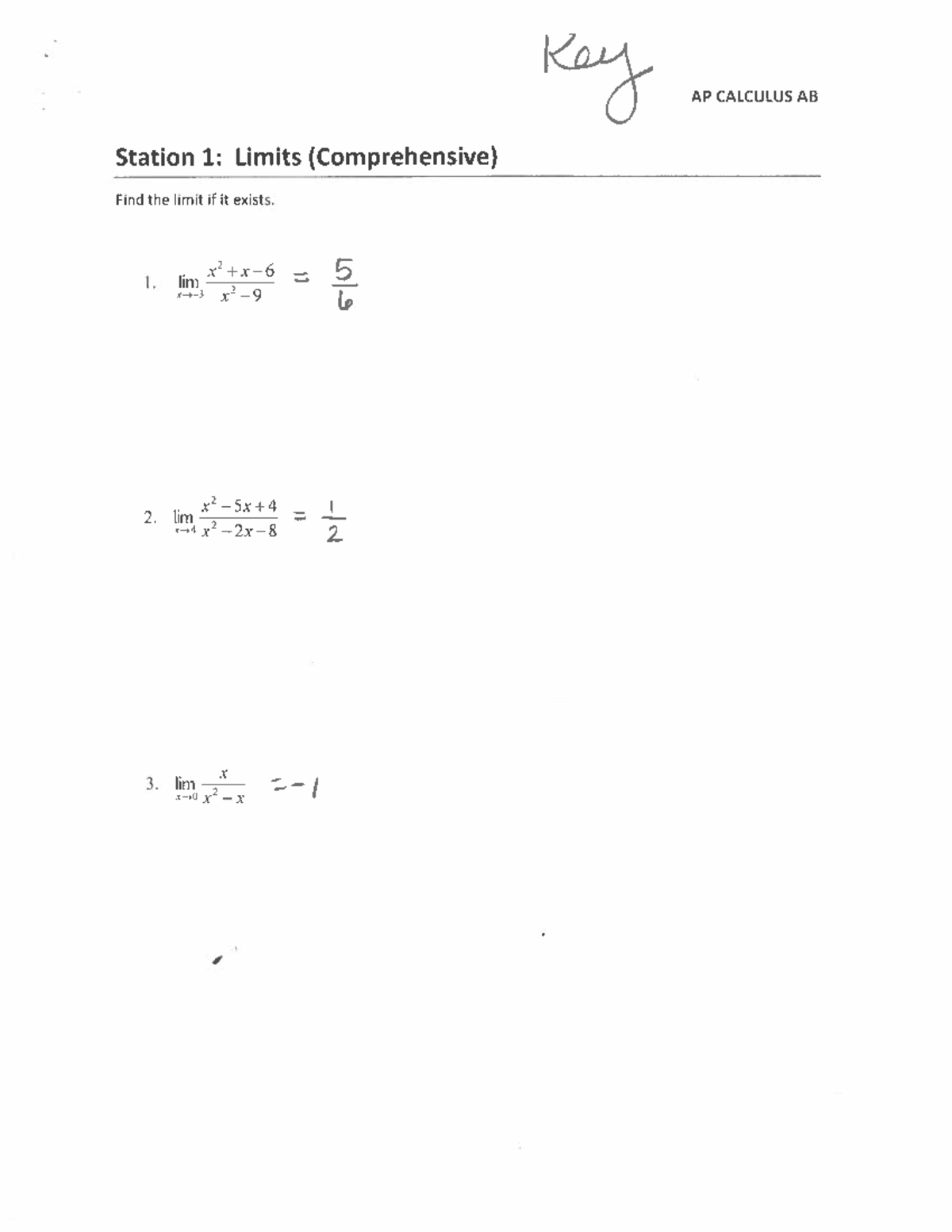 Limits Stations KEY - Key AP CALCULUS AB Station 1: Limits ...