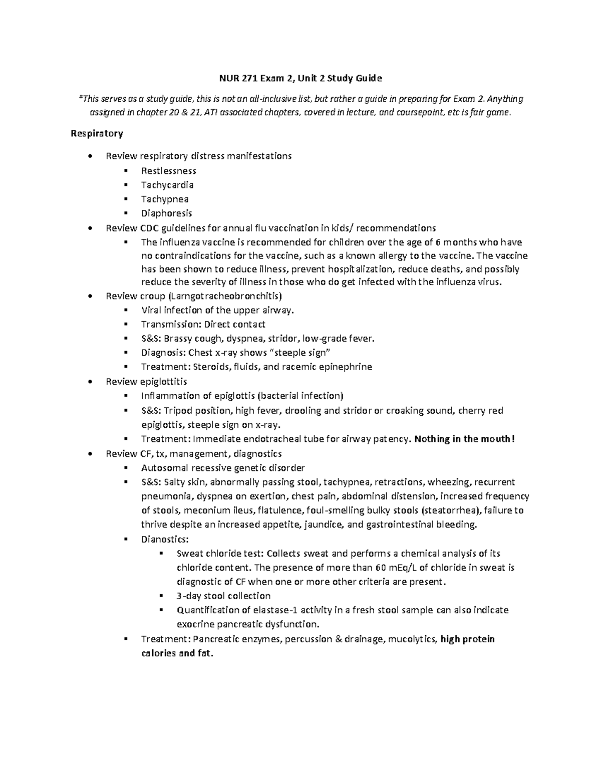 Unit 2 Study Guide SP 2024 - NUR 271 Exam 2, Unit 2 Study Guide *This ...