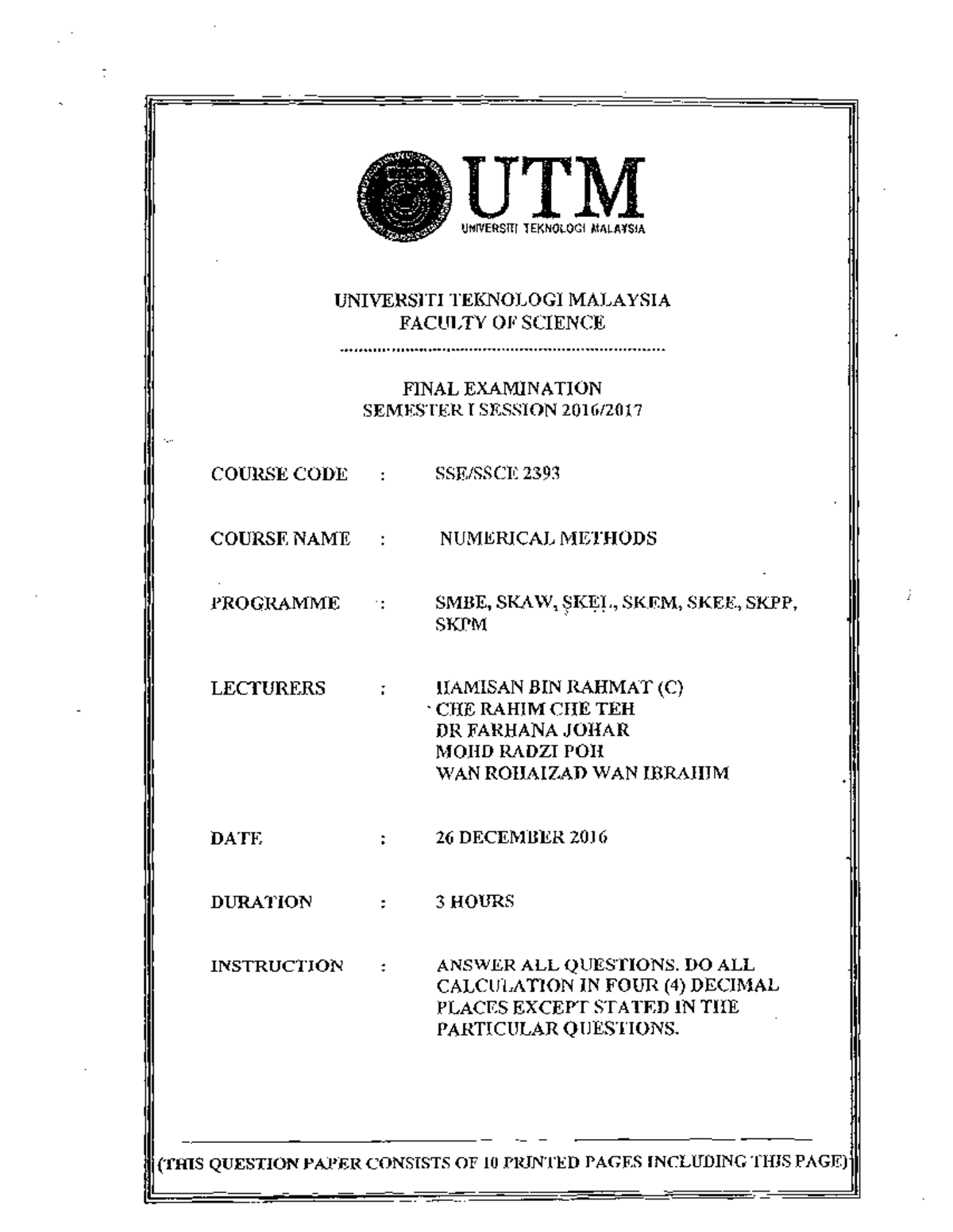Past Exam 2016/2017 Semester 1 - UTM UNIVERSlTl TEKNOLOGI J,1ALAVSIA ...