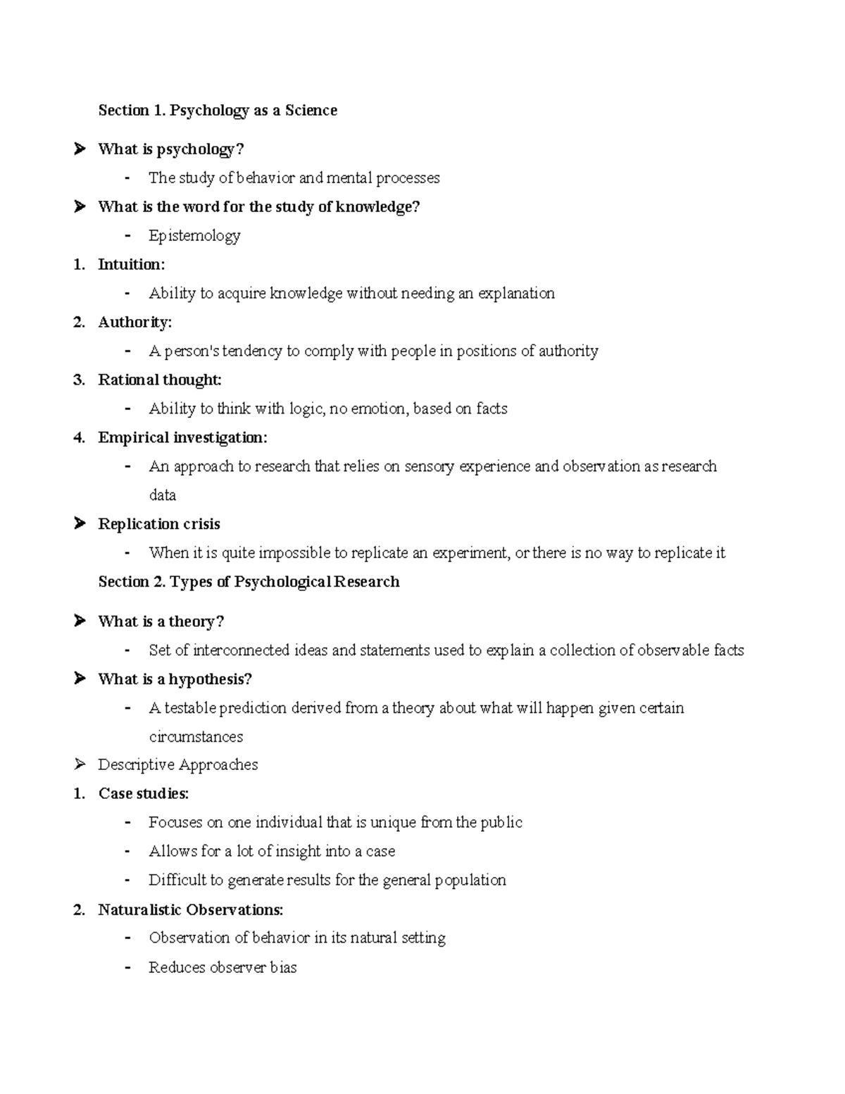 Psych study guide EXAM 1 - Section 1. Psychology as a Science Ø What is ...