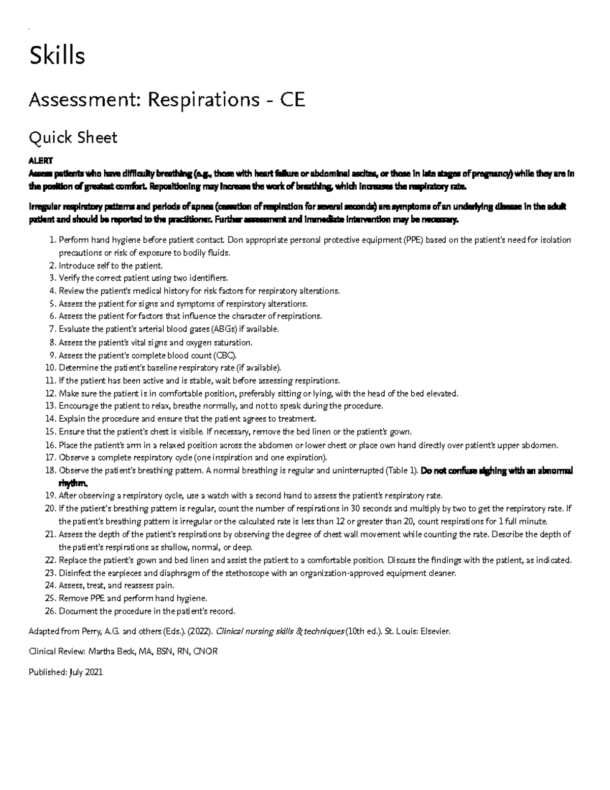 Respirations - Study material - Skills Assessment: Respirations - CE Quick Sheet ALERT Assess ...