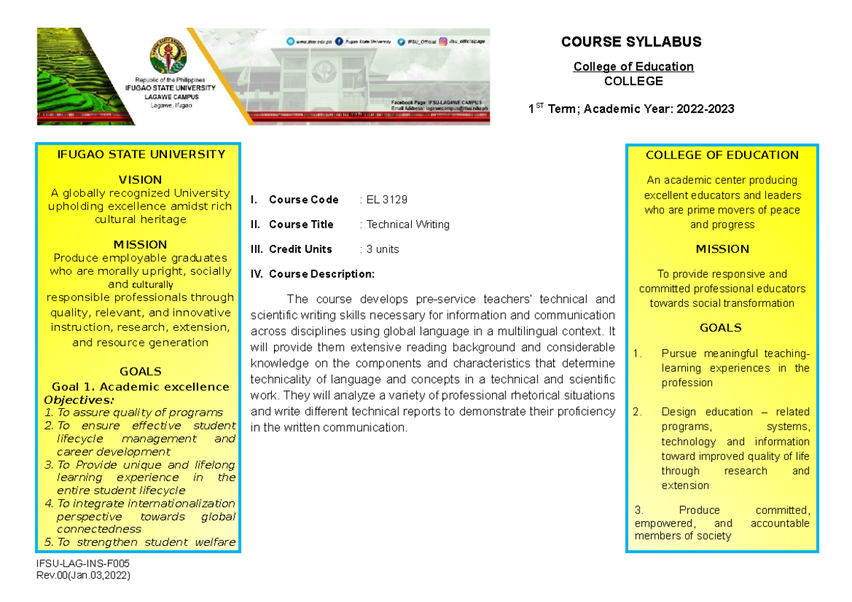 Technical Writing - IFSU-LAG-INS-F COURSE SYLLABUS College of Education ...