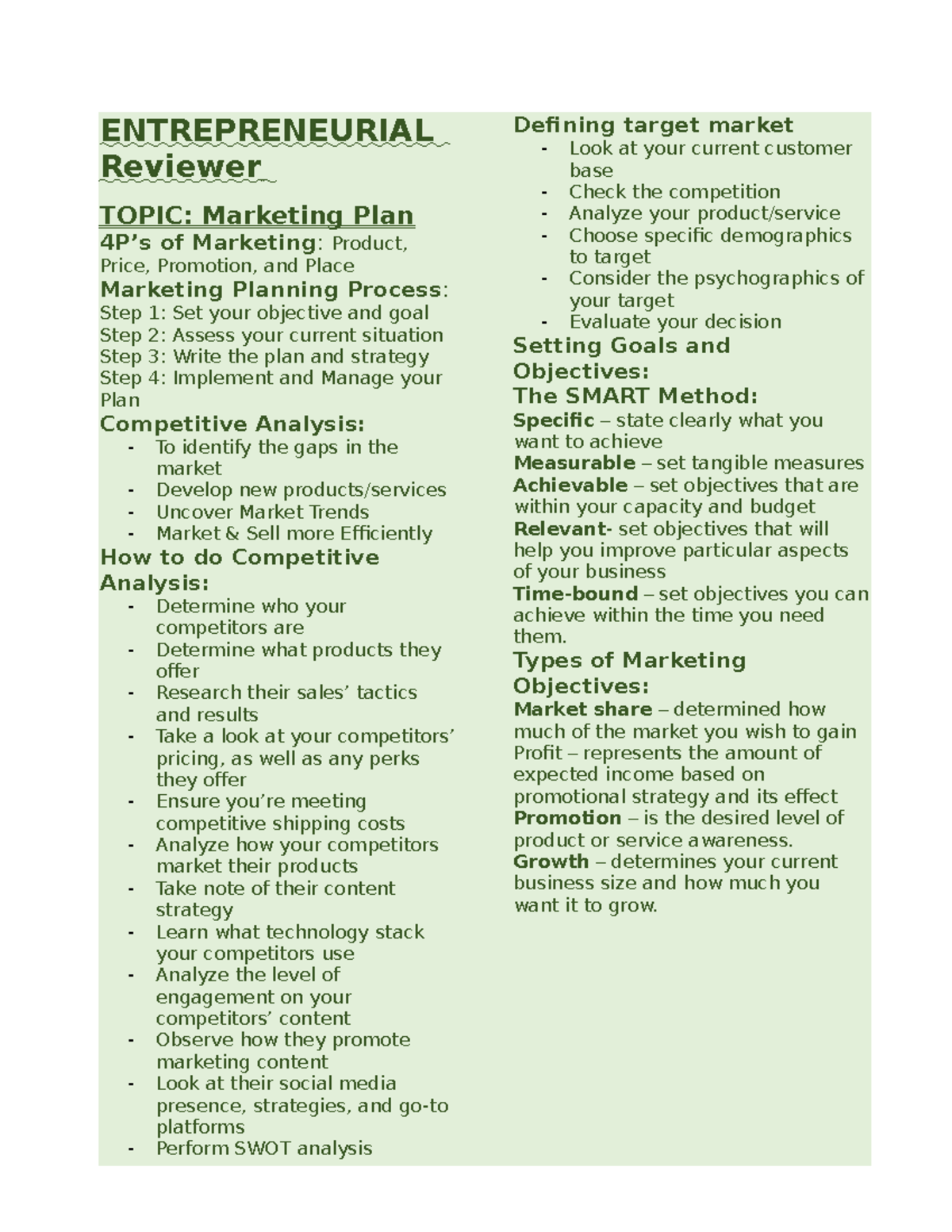 Entrep Reviewer - ENTREPRENEURIAL Reviewer TOPIC: Marketing Plan 4P’s ...