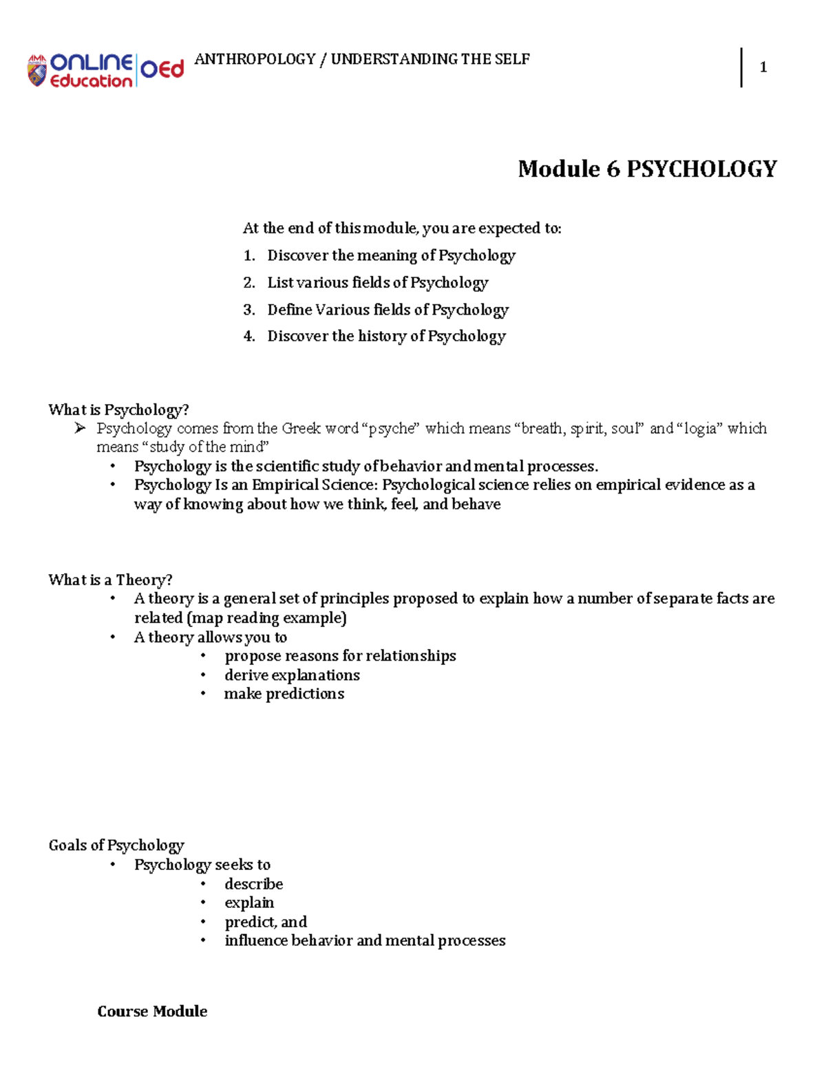 Lesson 4 - Psychology - ANTHROPOLOGY / UNDERSTANDING THE SELF 1 Course ...