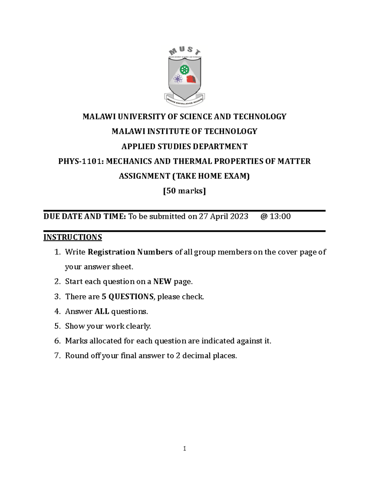 PHYS-1101 Assignment - MALAWI UNIVERSITY OF SCIENCE AND TECHNOLOGY ...