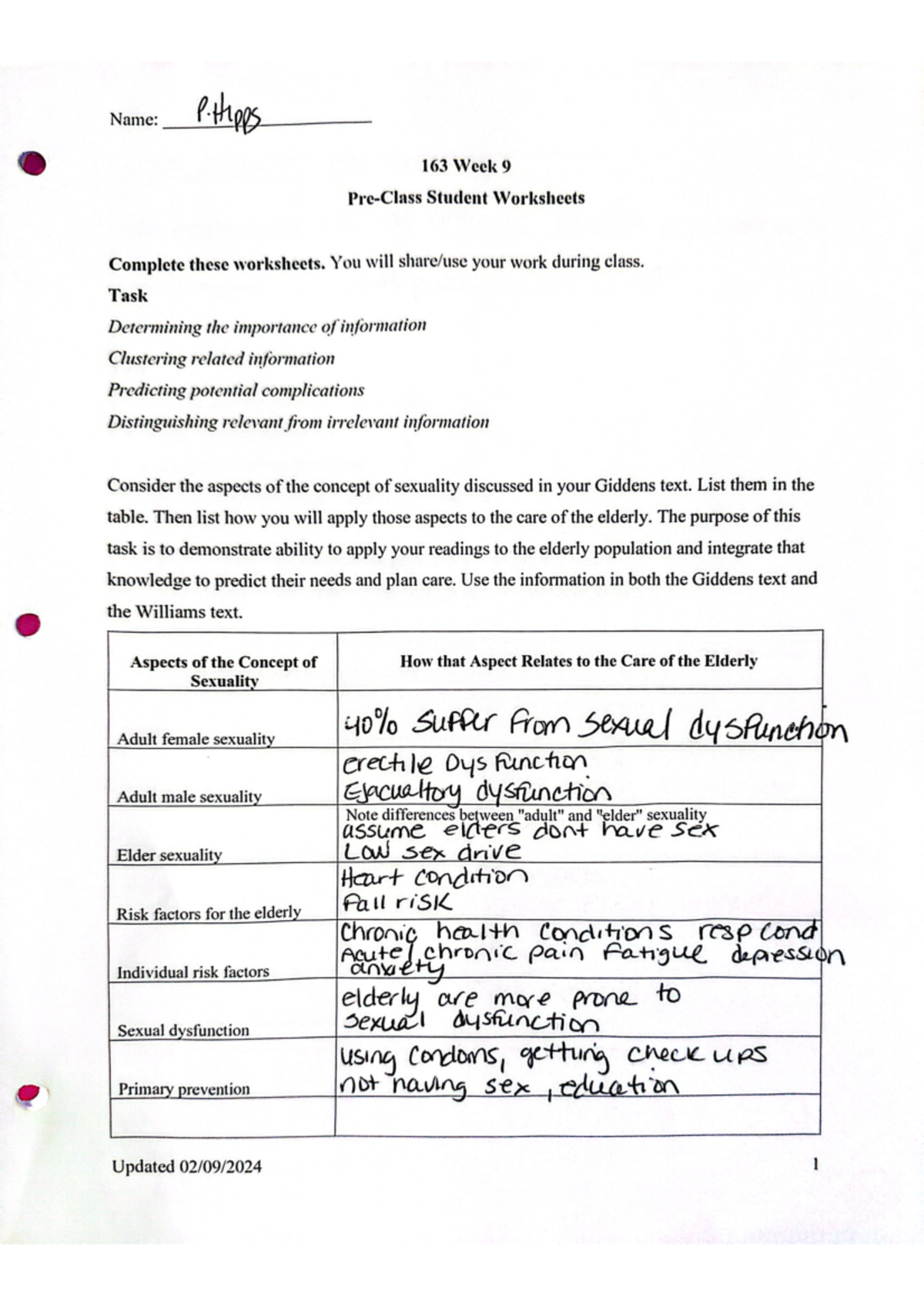 163 week 9 hw - Week 9 homework - Name: P 163 Week 9 Student Worksheets ...