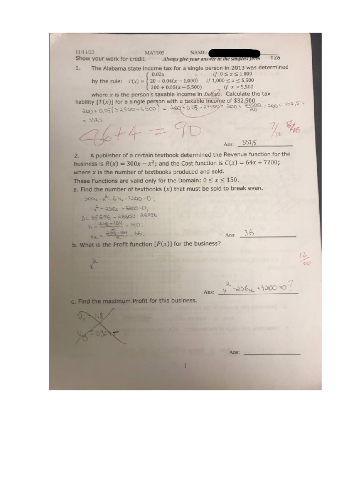 MAT105-Test2 - MAT105-Test2 - MAT 105 - Studocu