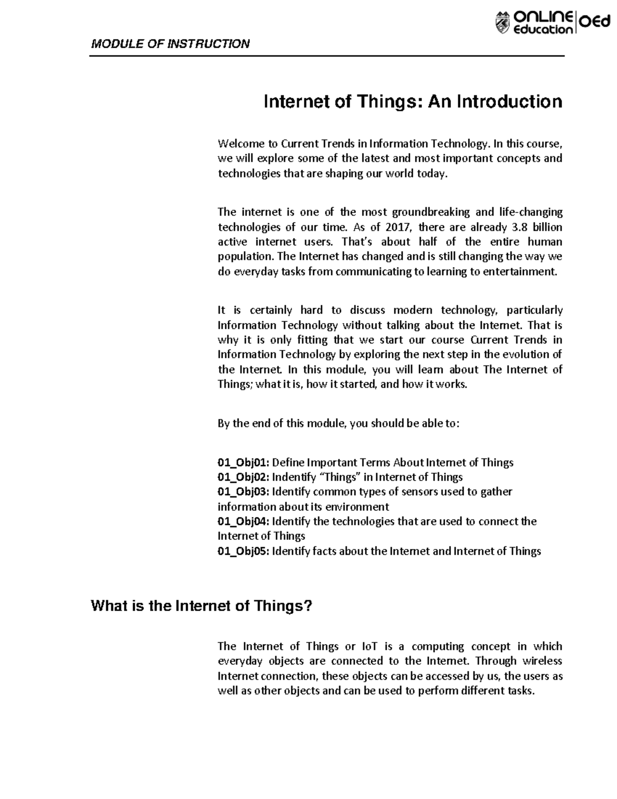 W1-Module-Internet of Things - MODULE OF INSTRUCTION Internet of Things ...