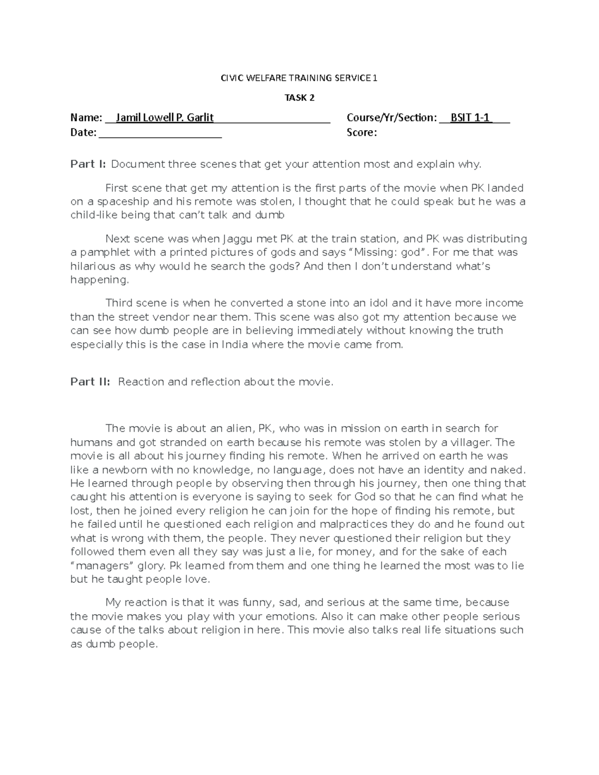 CWTS 1 Introduction to NSTP - CIVIC WELFARE TRAINING SERVICE 1 TASK 2 ...