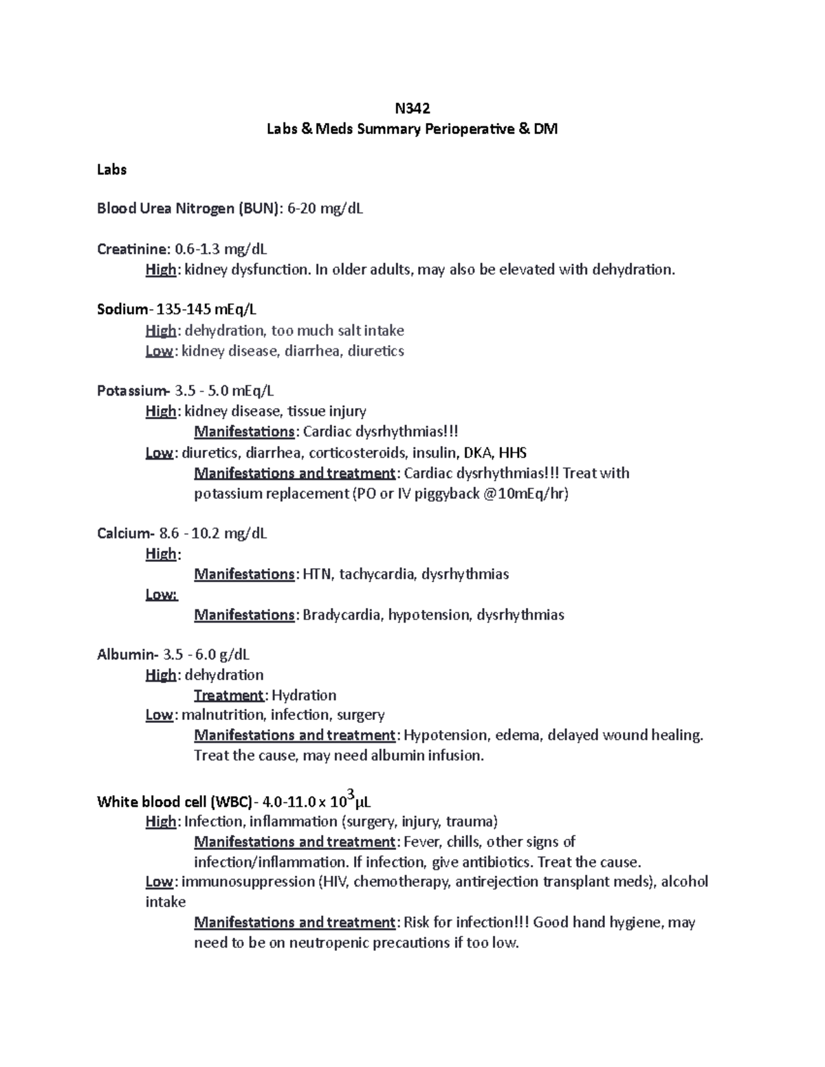 Meds & Labs EXAM 2 - N Labs & Meds Summary Perioperative & DM Labs ...