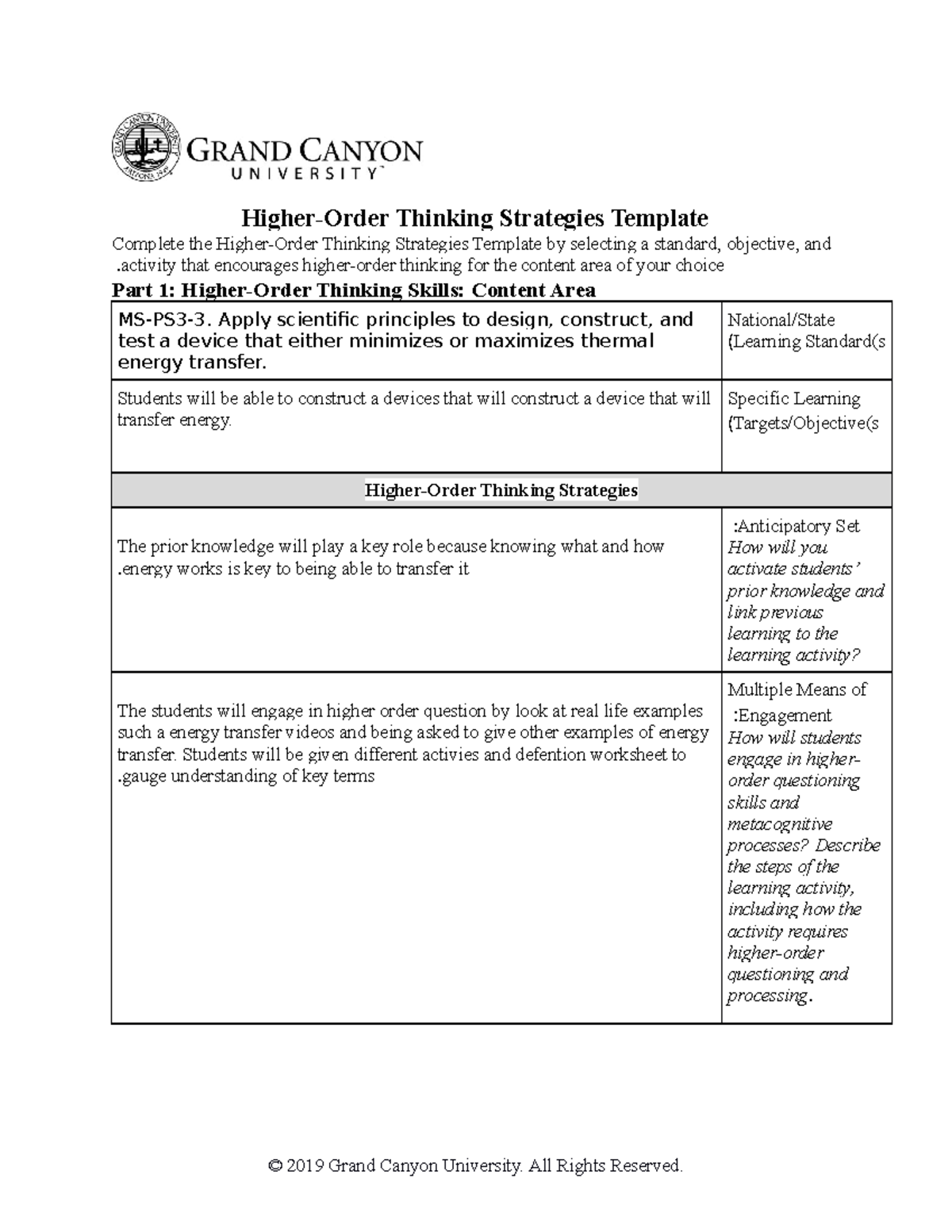 Week 4 - Week 4 - Higher-Order Thinking Strategies Template Complete ...