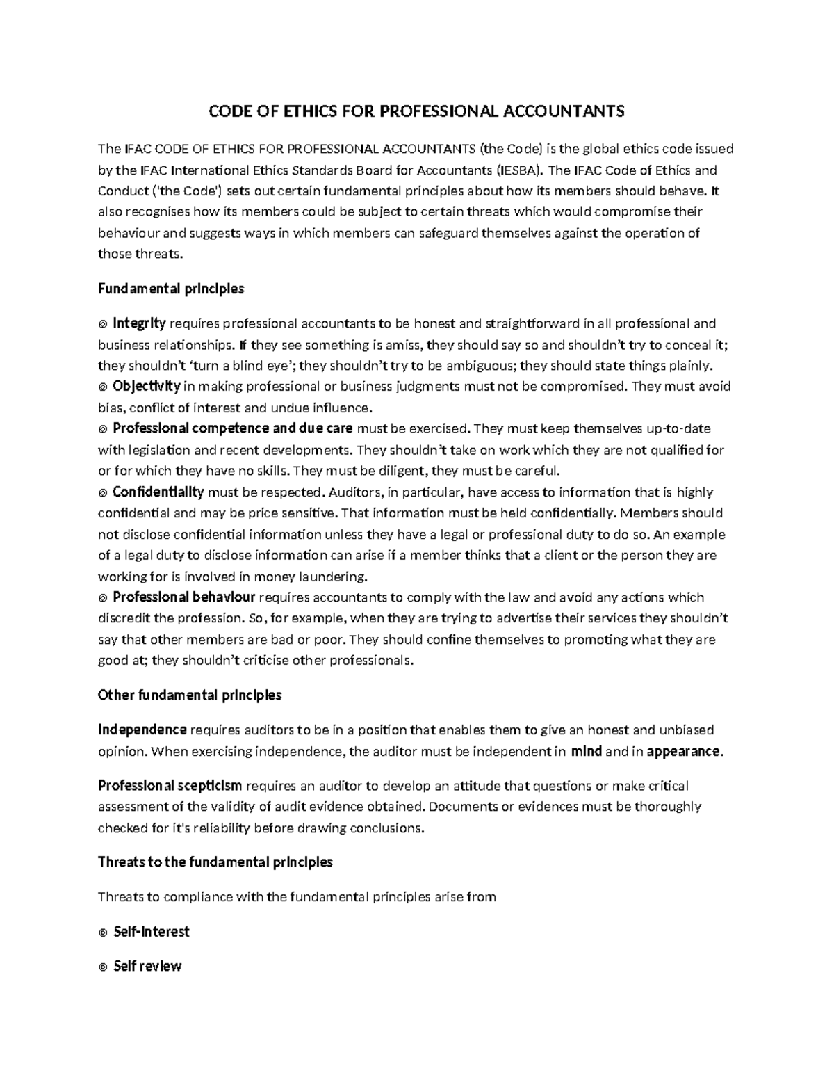 CODE OF Ethics - Summarized notes - CODE OF ETHICS FOR PROFESSIONAL ...