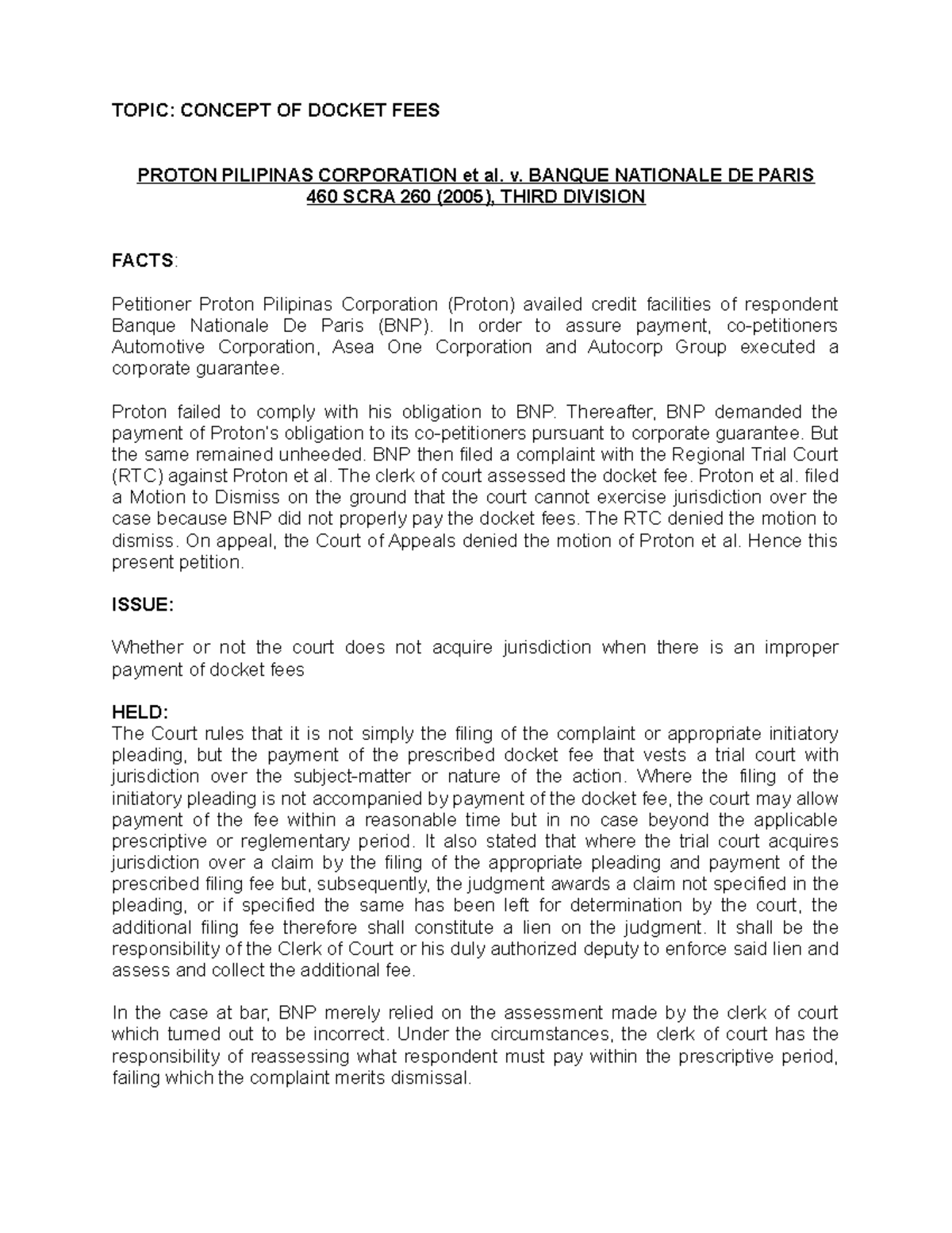 5 - Grade: LAWL - TOPIC: CONCEPT OF DOCKET FEES PROTON PILIPINAS ...