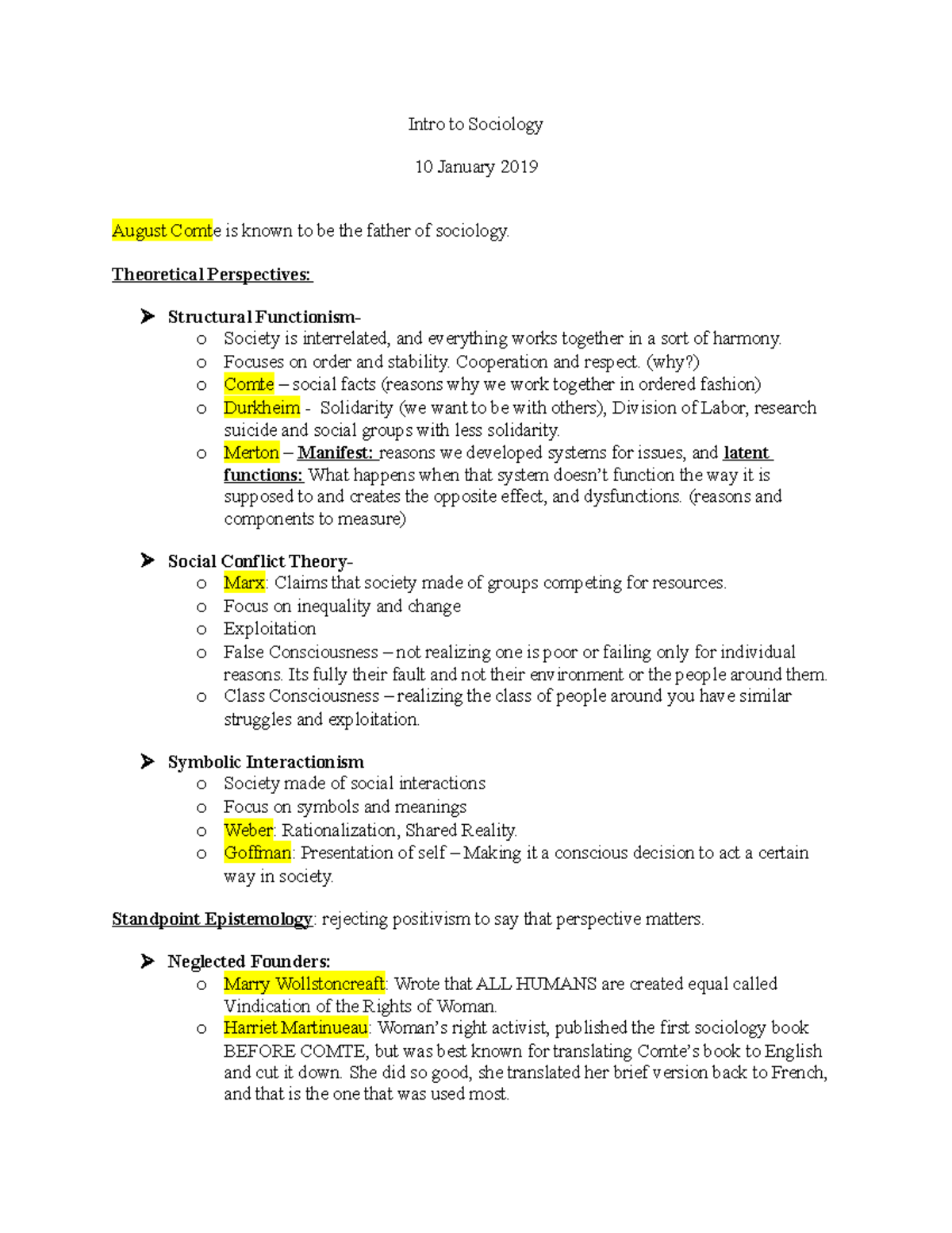 1 Intro to Sociology notes 1-10-19 - Intro to Sociology 10 January 2019 ...