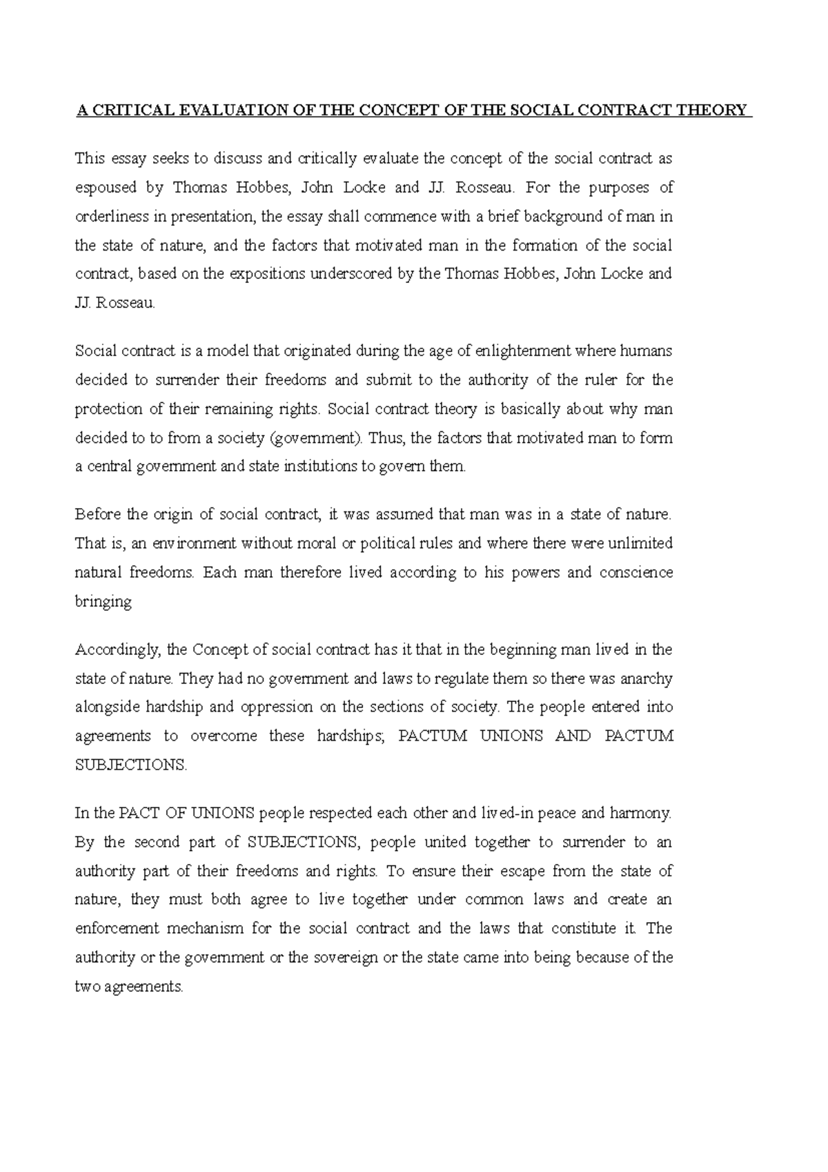 Social contract - theory - A CRITICAL EVALUATION OF THE CONCEPT OF THE SOCIAL CONTRACT THEORY ...