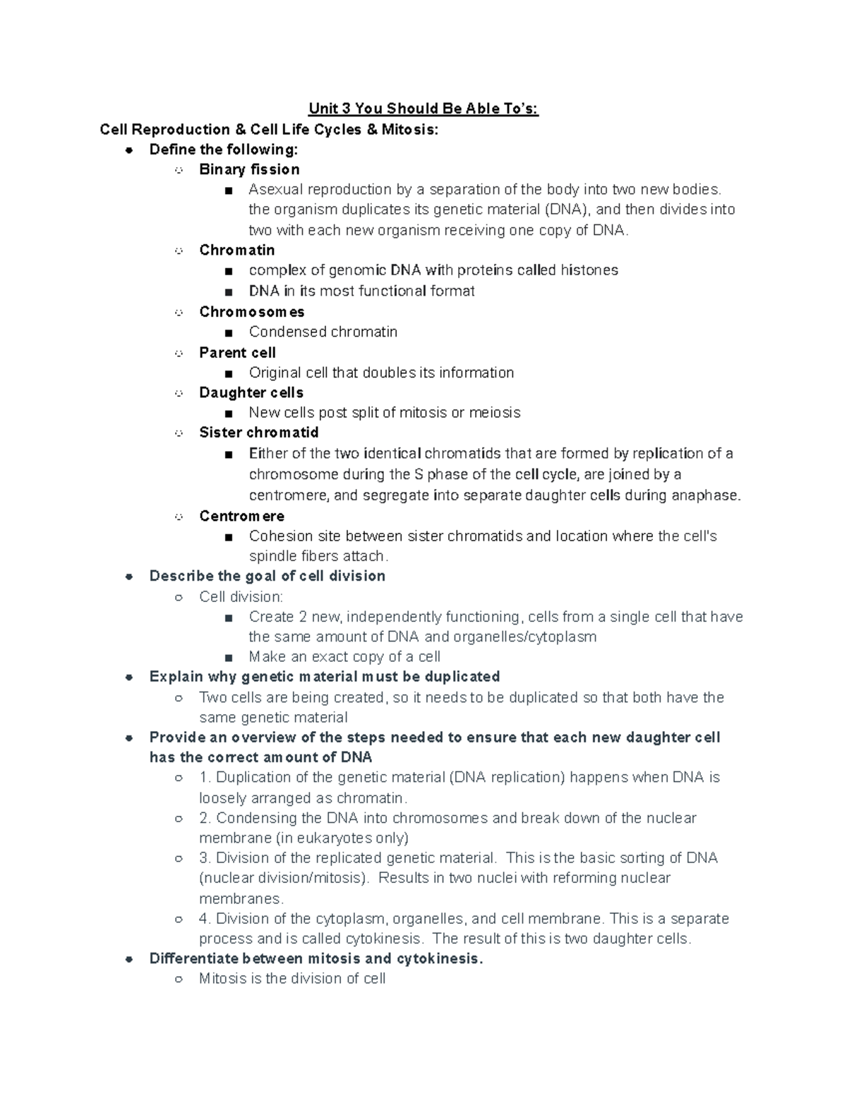 Exam 3 Study Guide - Unit 3 You Should Be Able To’s: Cell Reproduction ...