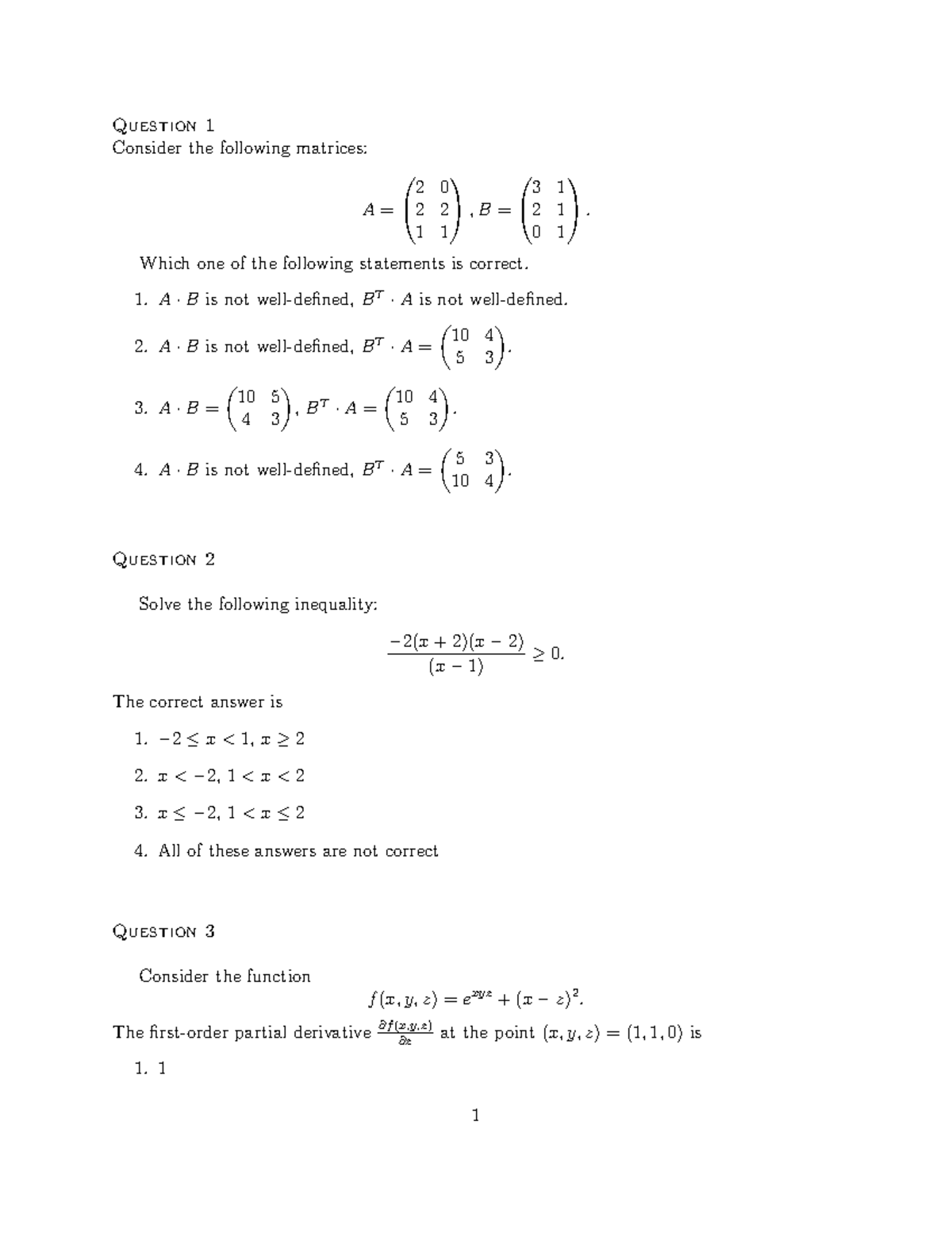 2020 Sample Exam Question 2 - Consider the following matrices: A= 2 0 2 ...