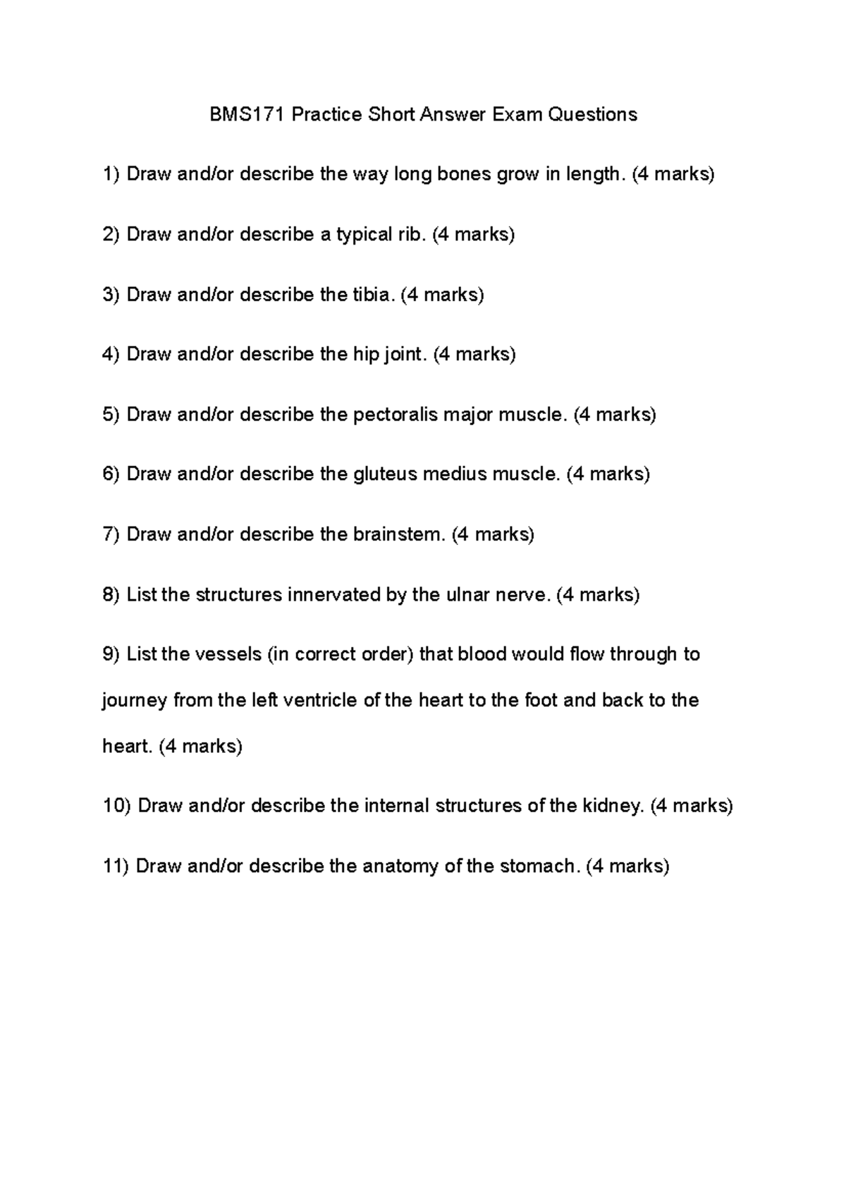 BMS171 10 Practice Short Answer Exam Questions - (4 marks) Draw and/or ...