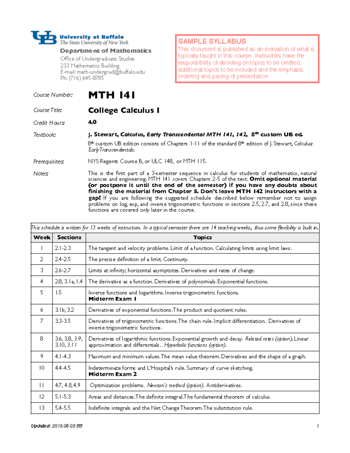 Math UG-MTH141 syllabus - Updated: 2015.06 BB! 1 This scheduedule is ...