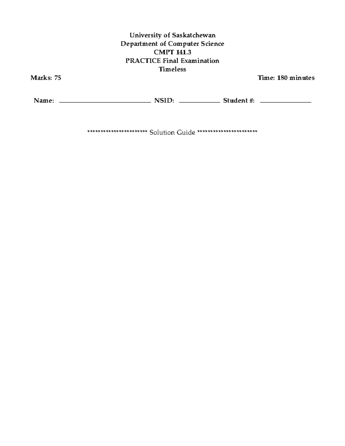 Cmpt141practicefinal solution - University of Saskatchewan Department ...