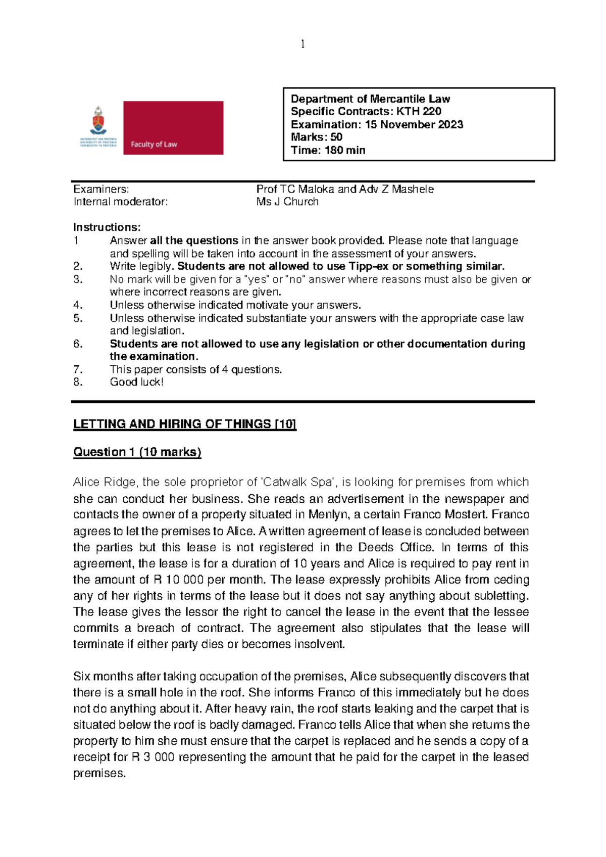 KTH220 Nov2023 - Exam 2023 - Examiners: Prof TC Maloka and Adv Z ...