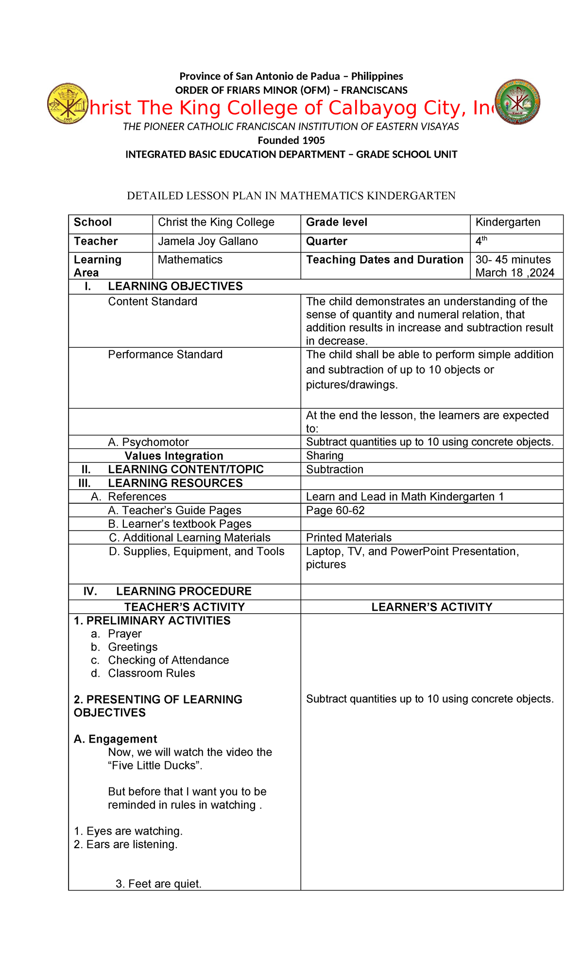 Final DEMO Lesson PLAN - Example only. - Province of San Antonio de ...