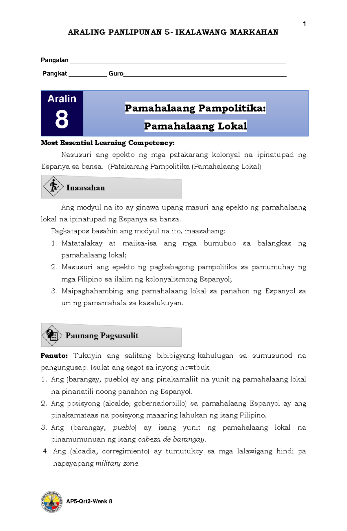 AP 5 Q2 Week 8 - SCIENCE - ARALING PANLIPUNAN 5- IKALAWANG MARKAHAN ...