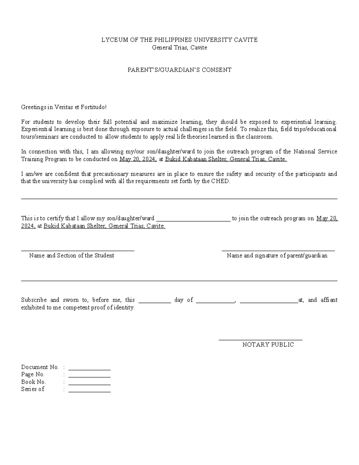 Parent- Consent-NSTP - LYCEUM OF THE PHILIPPINES UNIVERSITY CAVITE General Trias, Cavite - Studocu