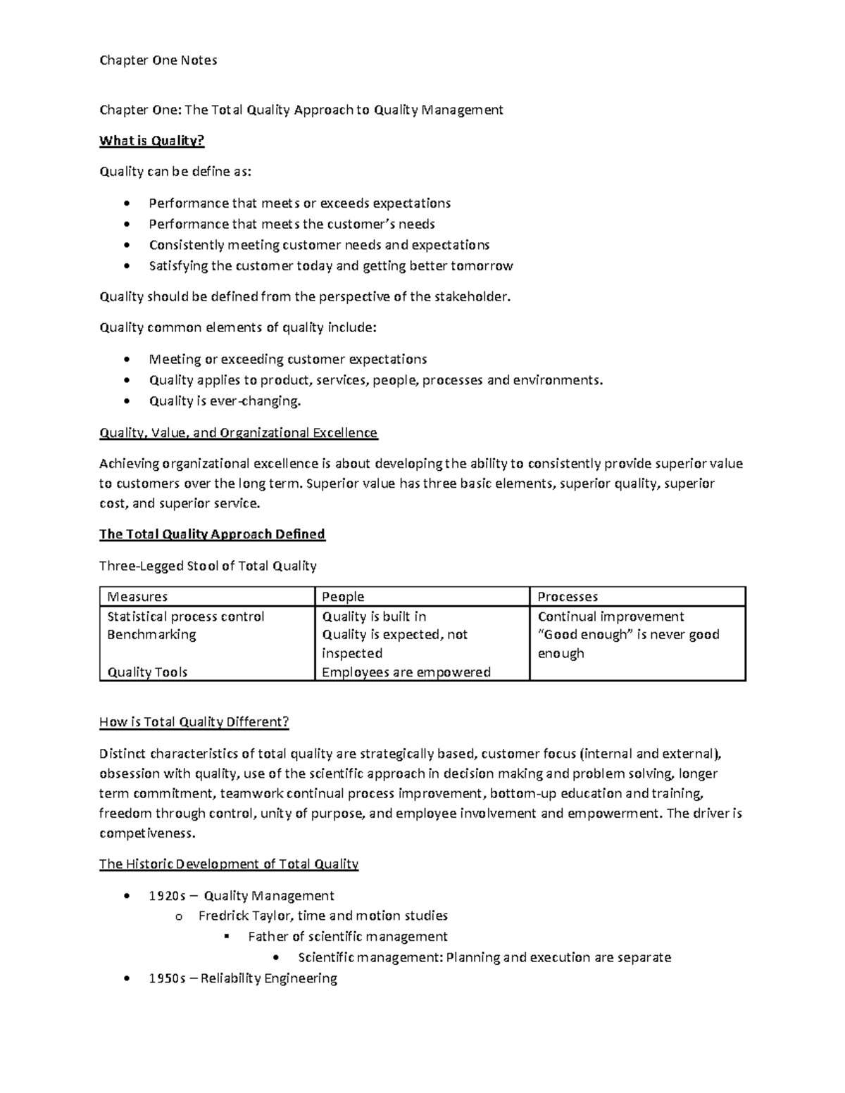 Chapter One Notes - Chapter One Notes Chapter One: The Total Quality ...