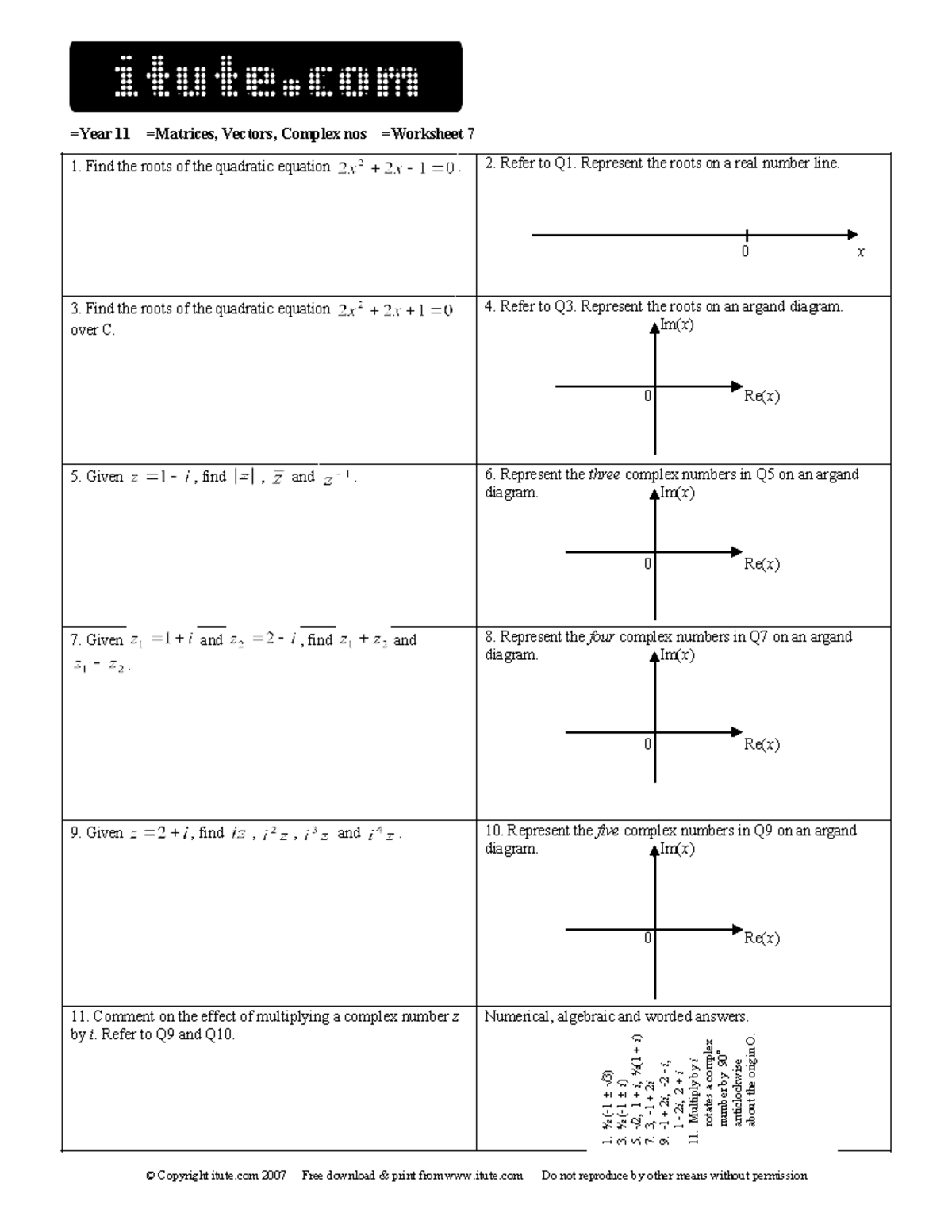 11 mat vec compnos wksh7 - =Year 11 =Matrices, Vectors, Complex nos ...