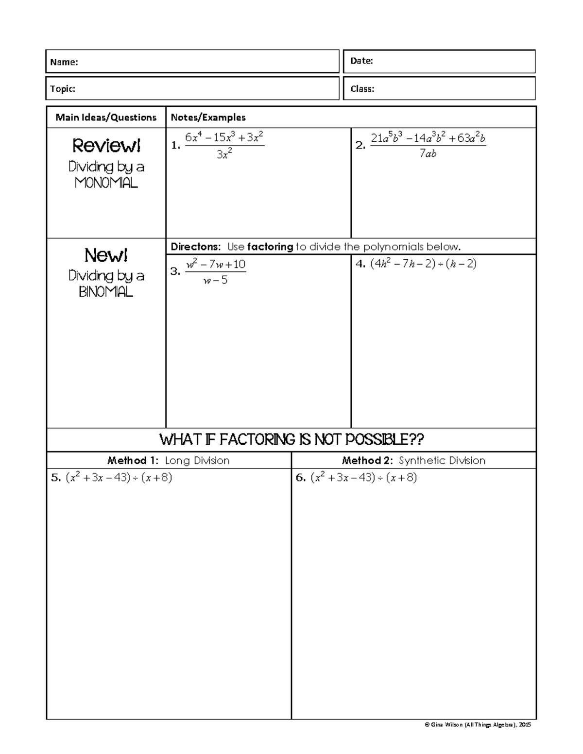 Dividing Polynomials Notes - 3 Main Ideas/Questions Notes/Examples ...