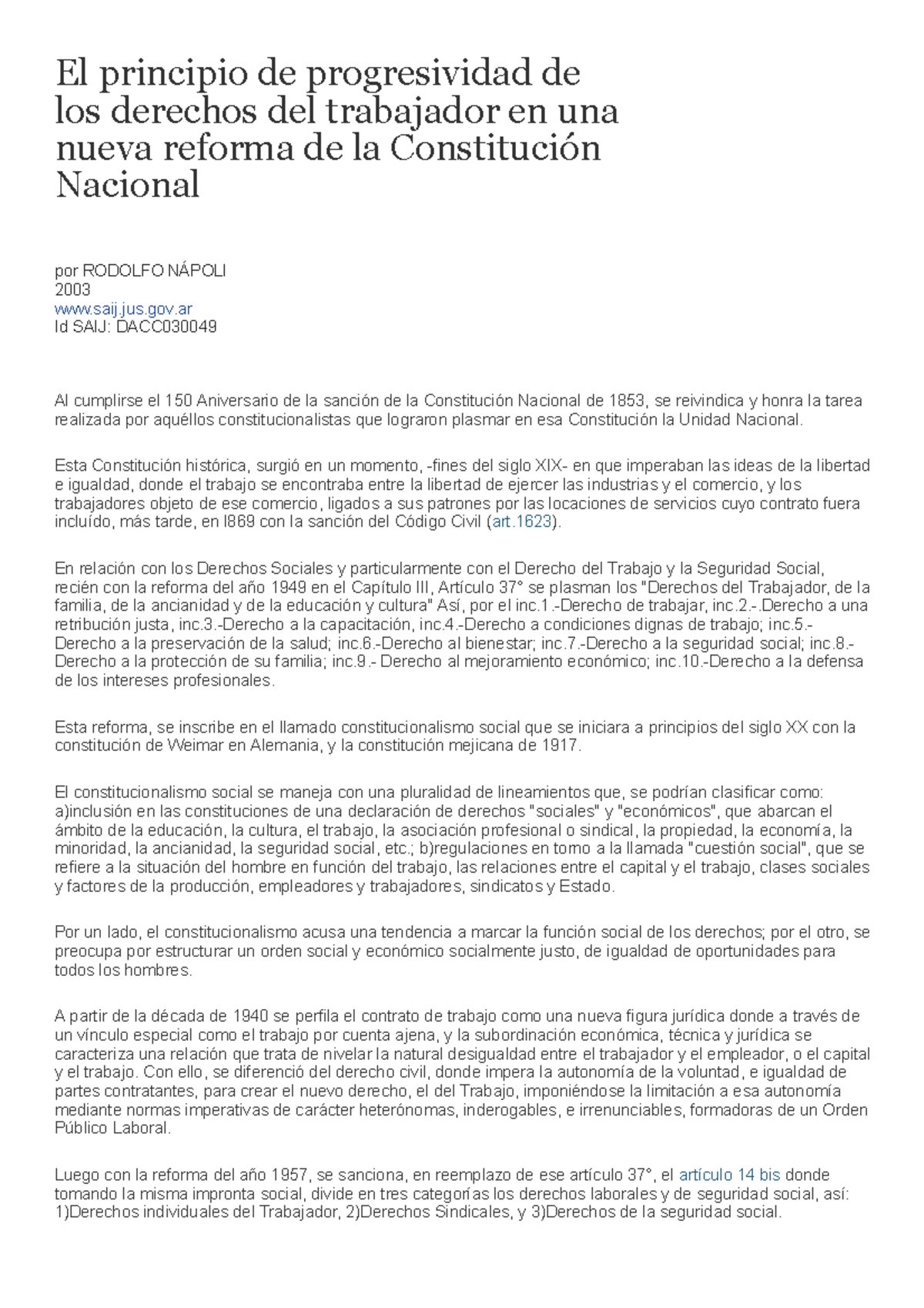 El principio de progresividad de los derechos del trabajador en una ...