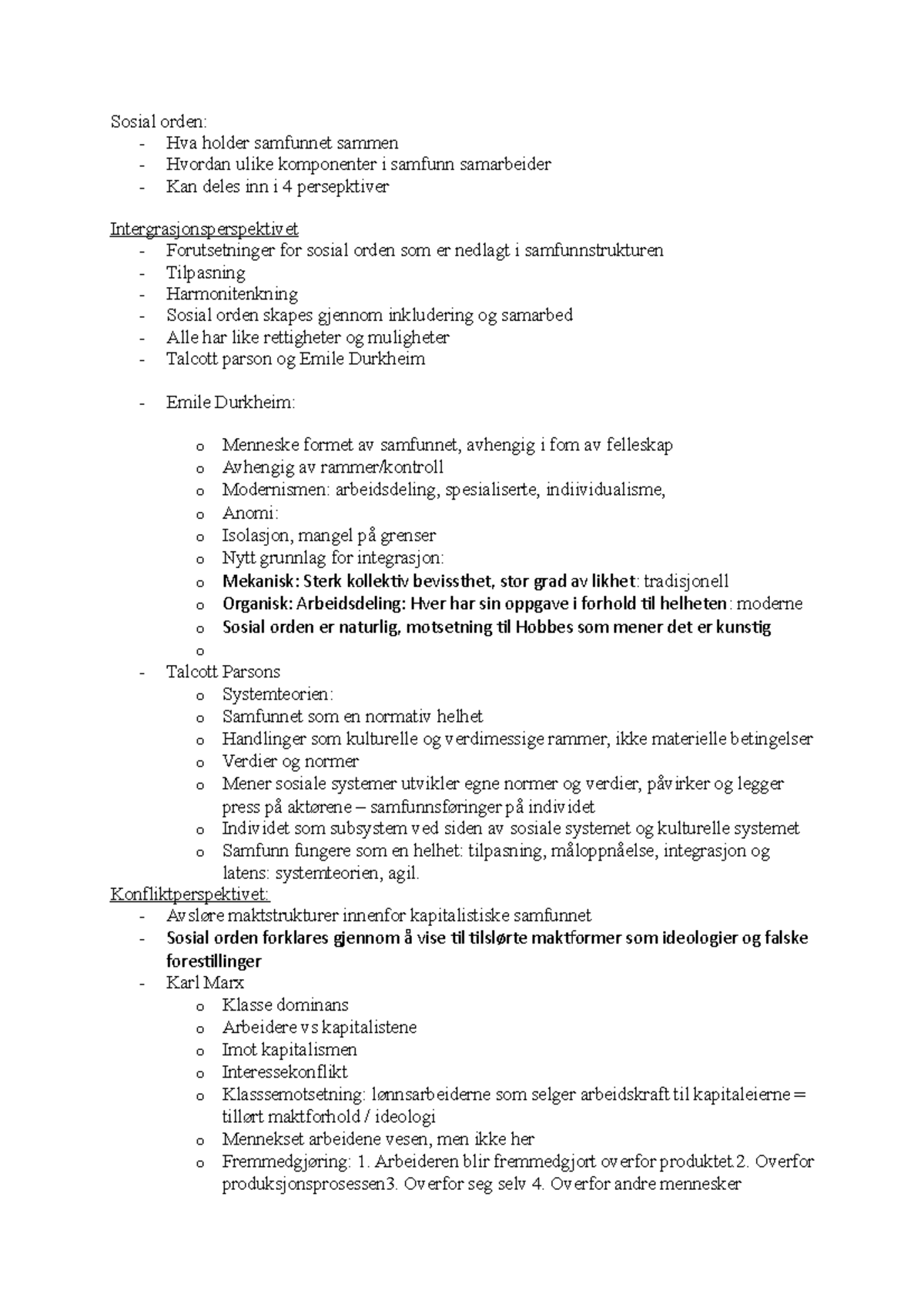 Exfac hele pensum - Sosial orden: Hva holder samfunnet sammen Hvordan ulike komponenter i ...