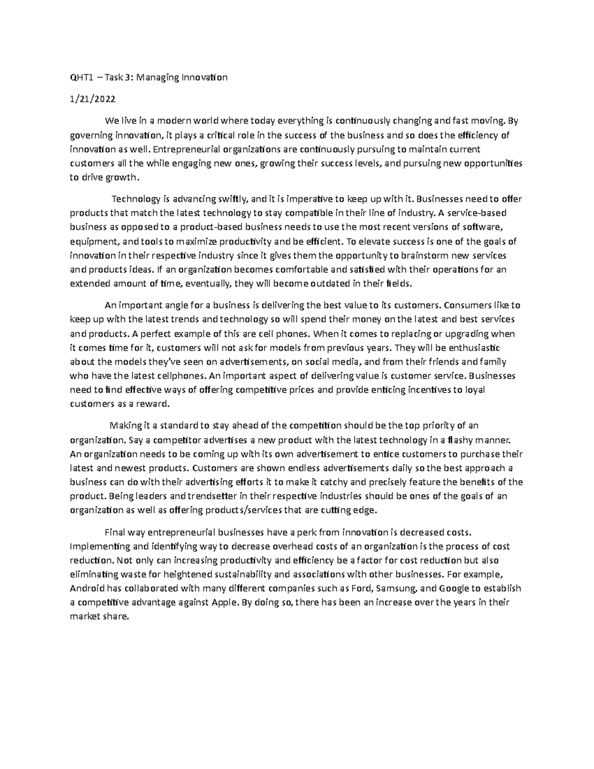 QHT1 Task 3 - task assignment - QHT1 Task 3: Managing Innovation We ...