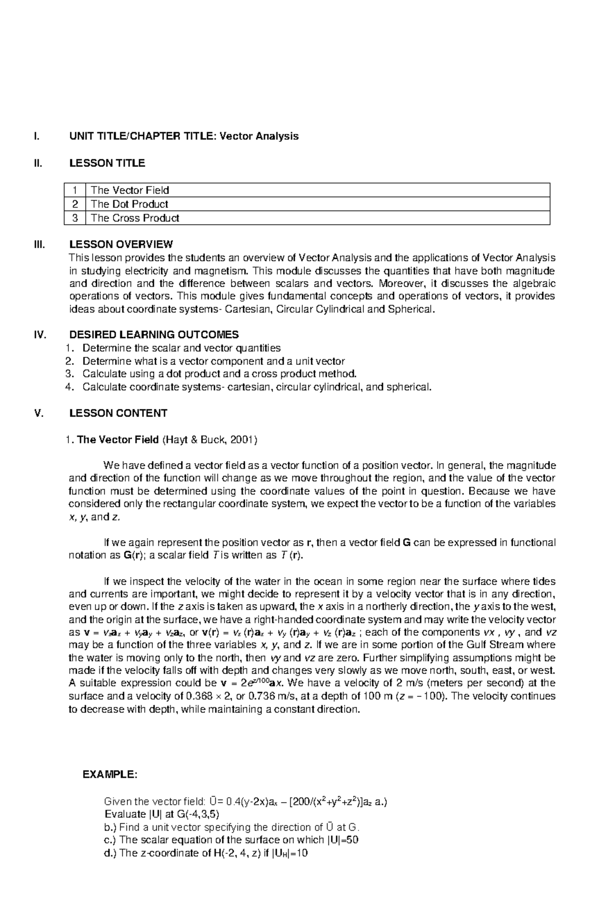Electromagnetics - Lesson 2 - I. UNIT TITLE/CHAPTER TITLE: Vector ...